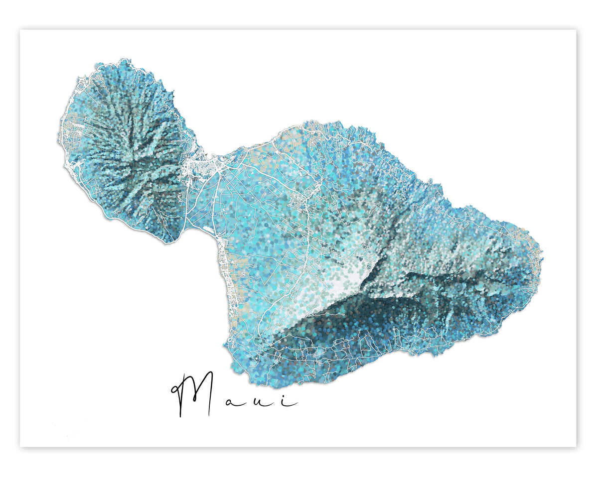 Maui Map Print and Poster - Hawaii Island Wall Art, Coastal Ocean Blue ...