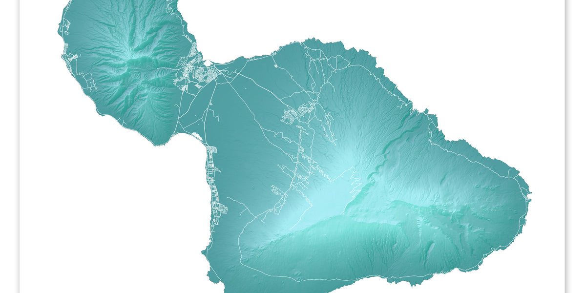 Maui Map Wall Art Print Poster, Turquoise Topographic Hawaii Island Ro ...