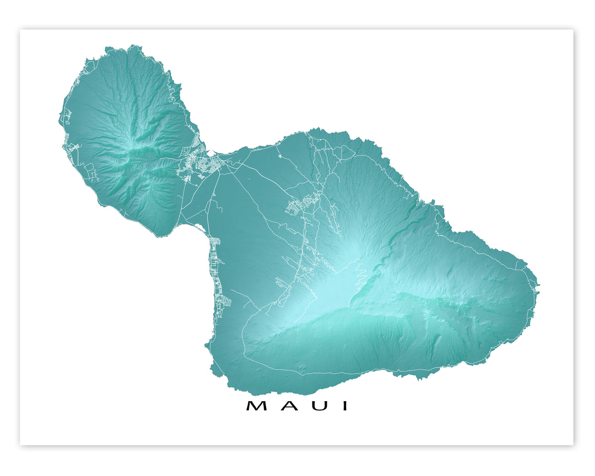 Maui Map Wall Art Print Poster, Turquoise Topographic Hawaii Island Ro ...