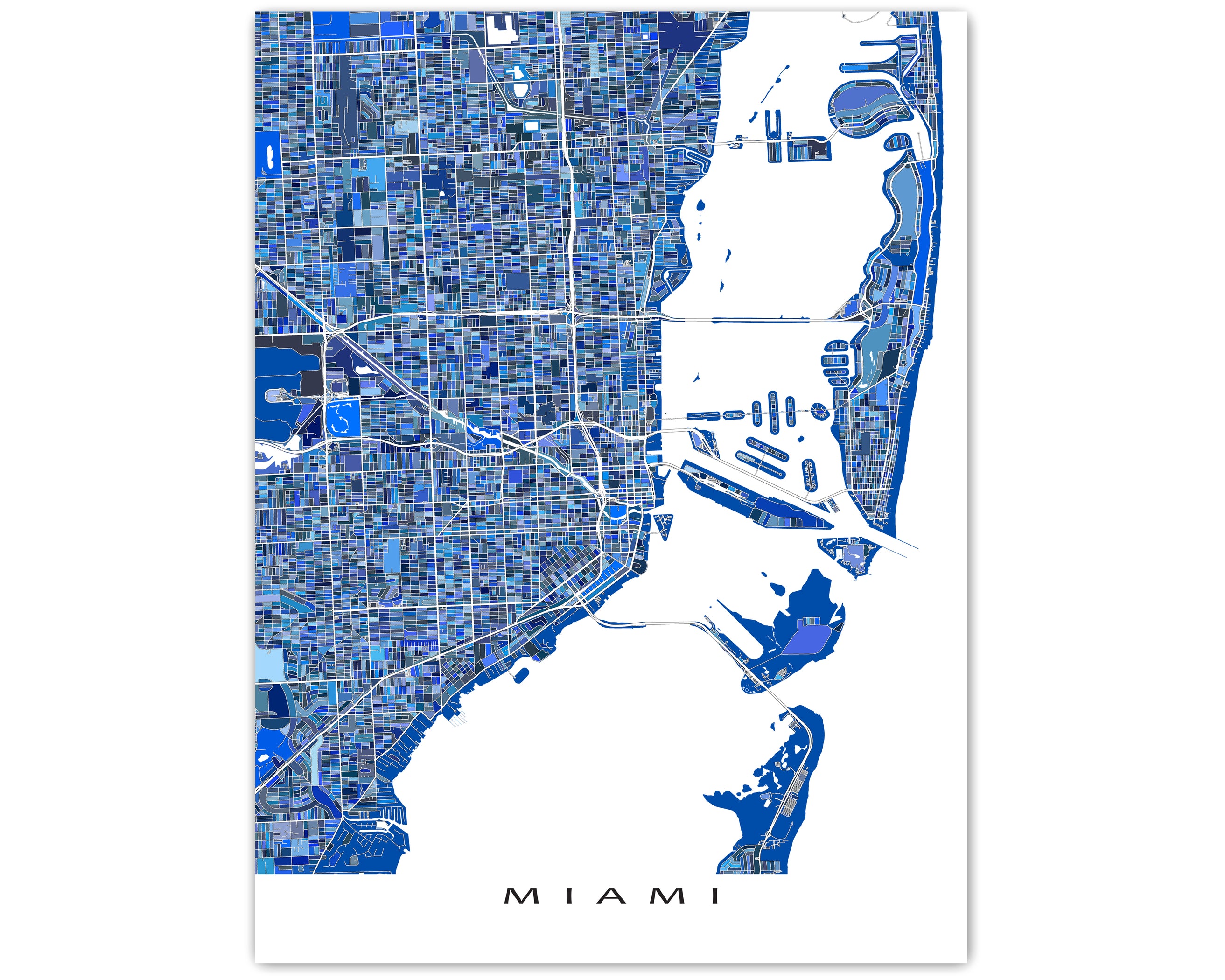 Miami Florida Map Wall Art Print Poster, Blue Geometric FL City Street ...