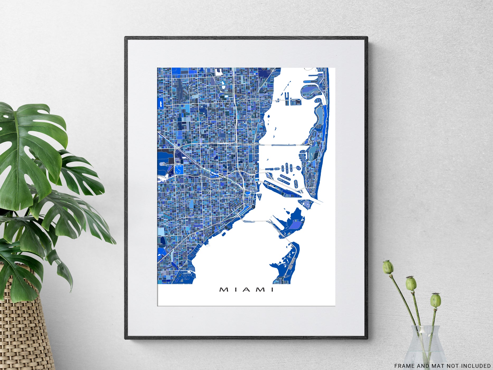 Miami Florida Map Wall Art Print Poster, Blue Geometric FL City Street ...