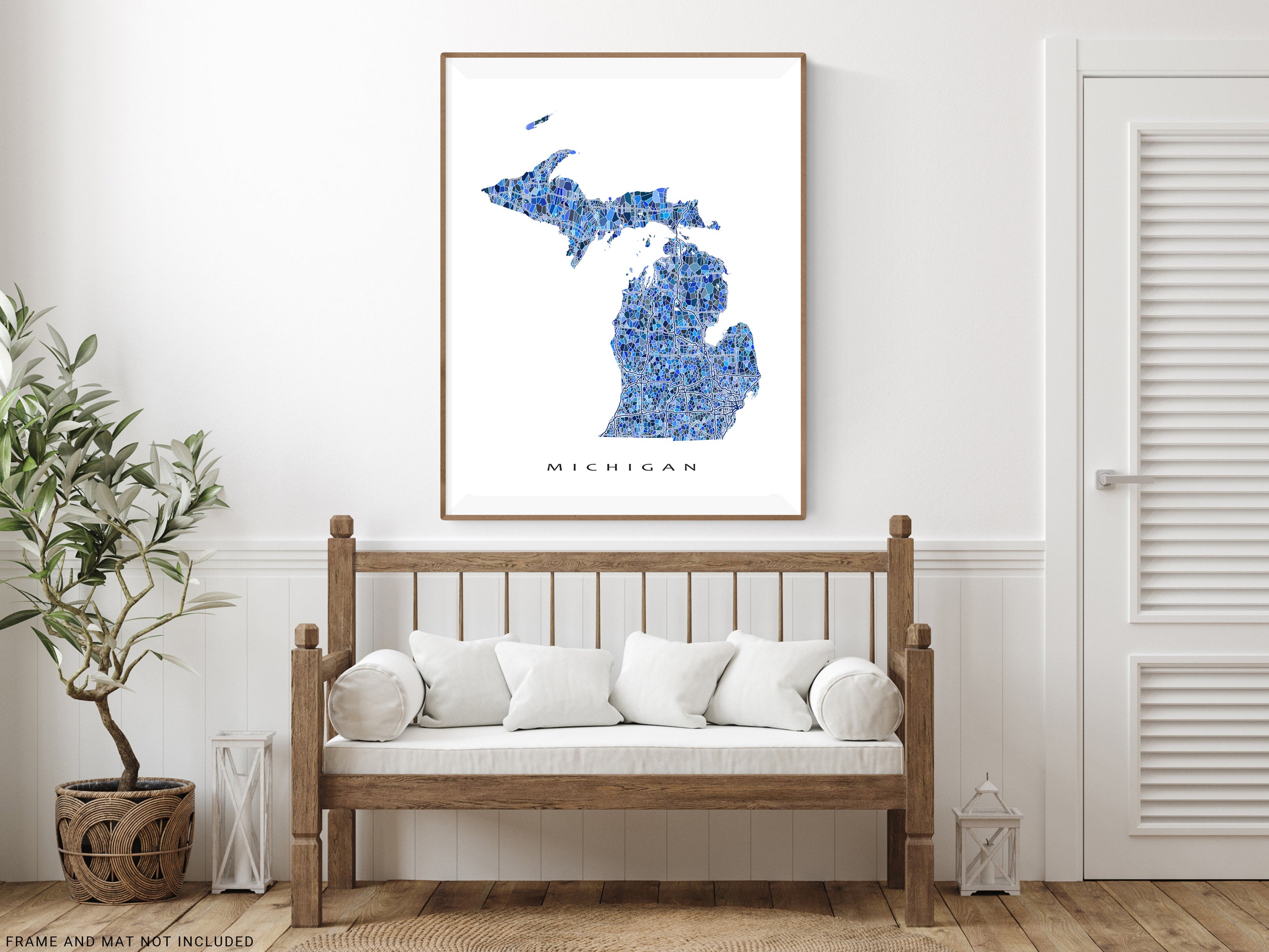 Michigan Map Print, Blue Geometric Michigan Wall Art Prints, MI State ...