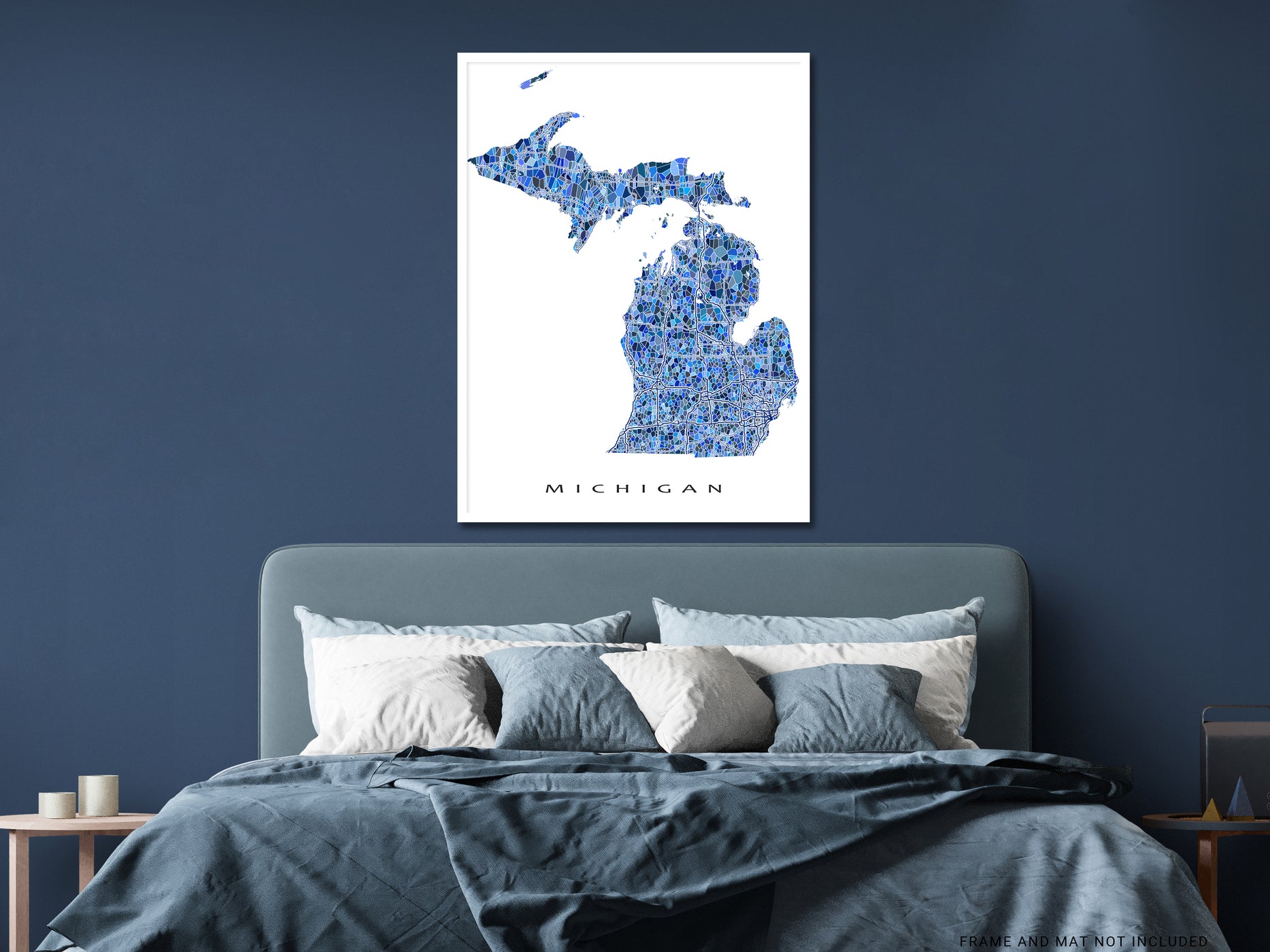Michigan Map Print, Blue Geometric Michigan Wall Art Prints, MI State ...