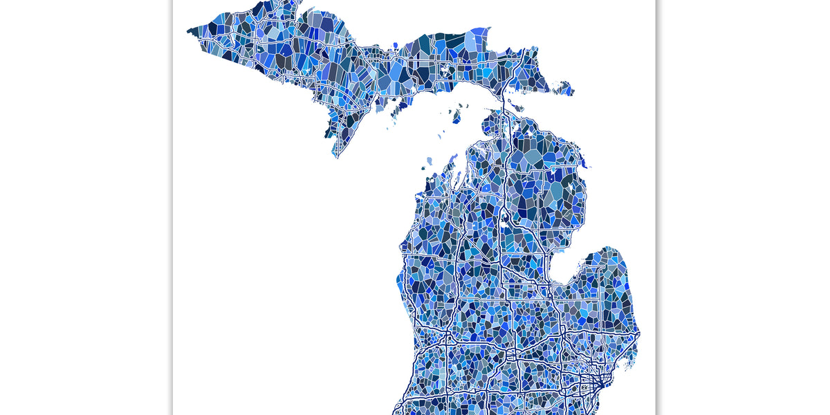 Michigan Map Print, Blue Geometric Michigan Wall Art Prints, MI State ...