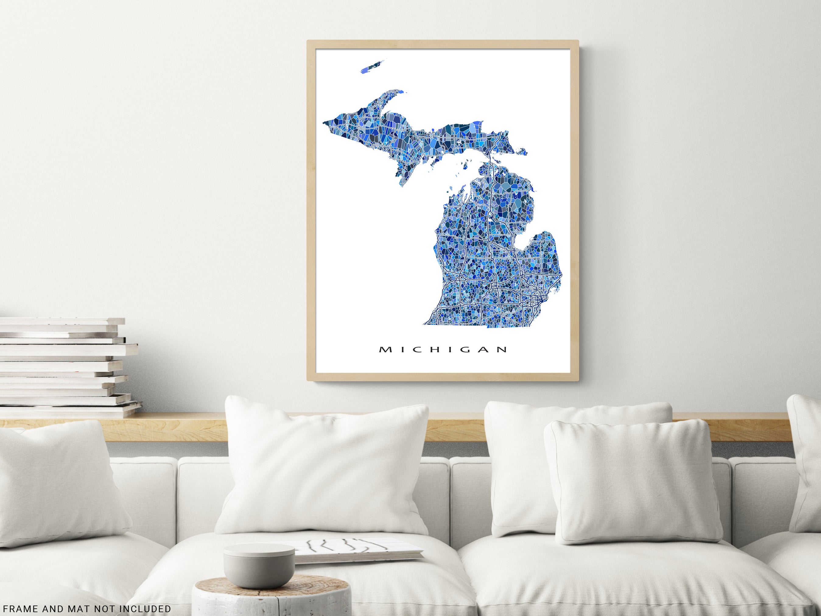 Michigan Map Print, Blue Geometric Michigan Wall Art Prints, MI State ...