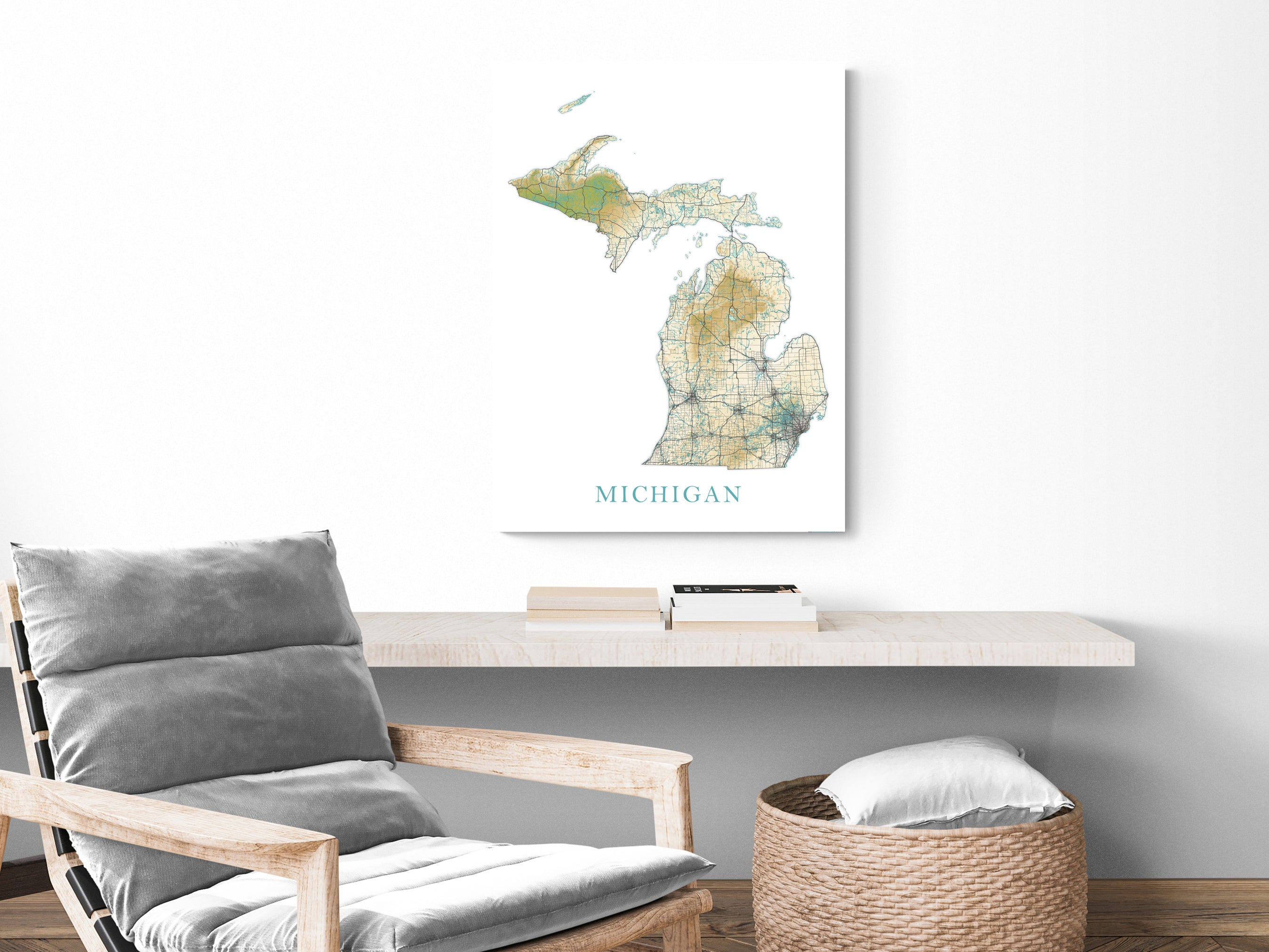 Michigan State Map Print Poster, Home Wall Decor Landscape Wall Art Te ...