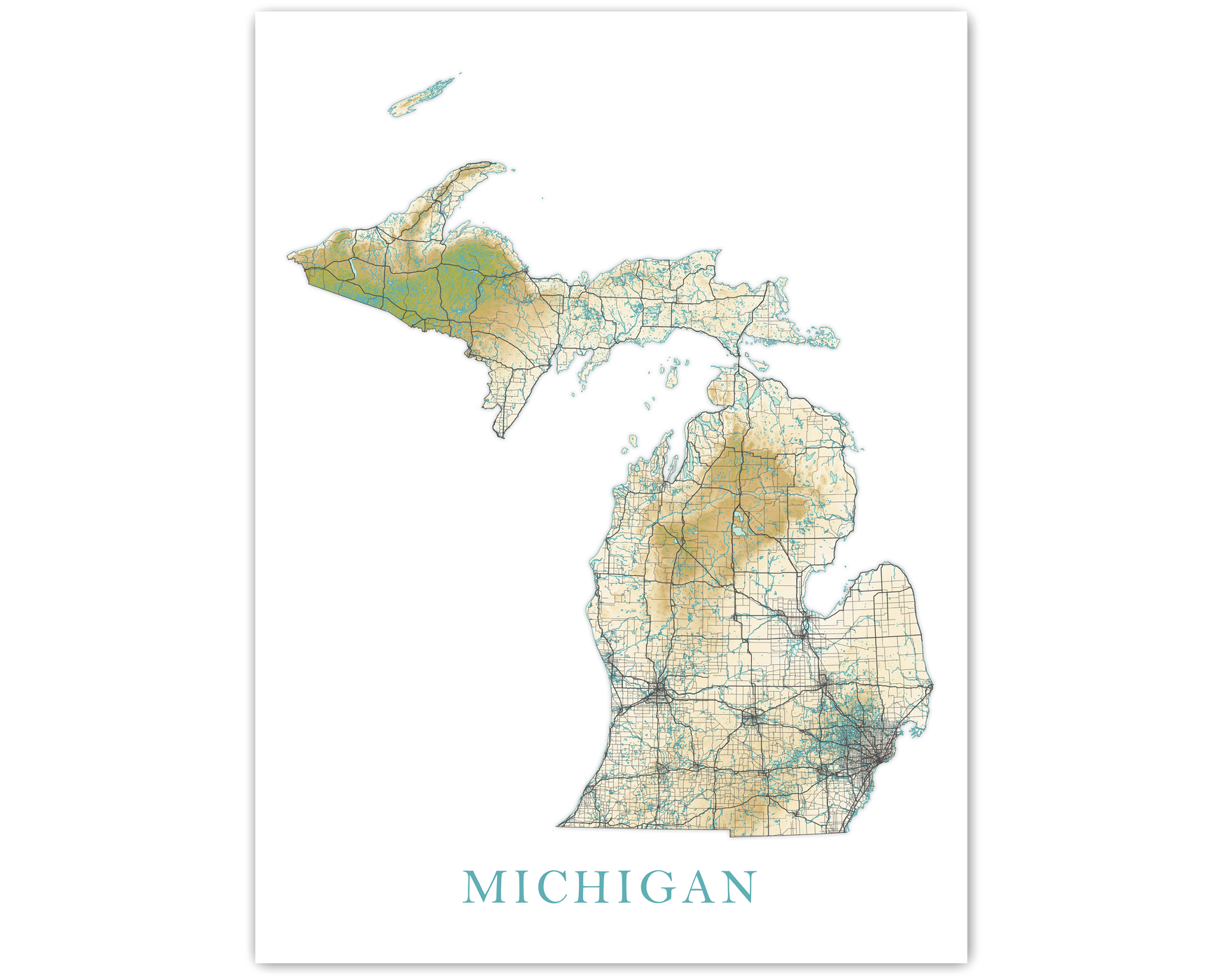 Michigan State Map Print Poster, Home Wall Decor Landscape Wall Art Te ...