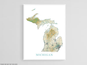 Michigan State Map Print Poster, Home Wall Decor Landscape Wall Art Te ...
