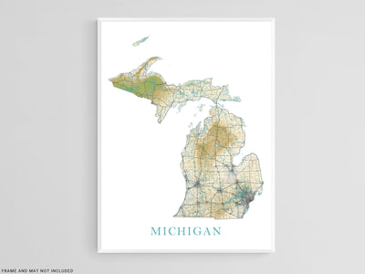 Michigan State Map Print Poster, Home Wall Decor Landscape Wall Art Te ...