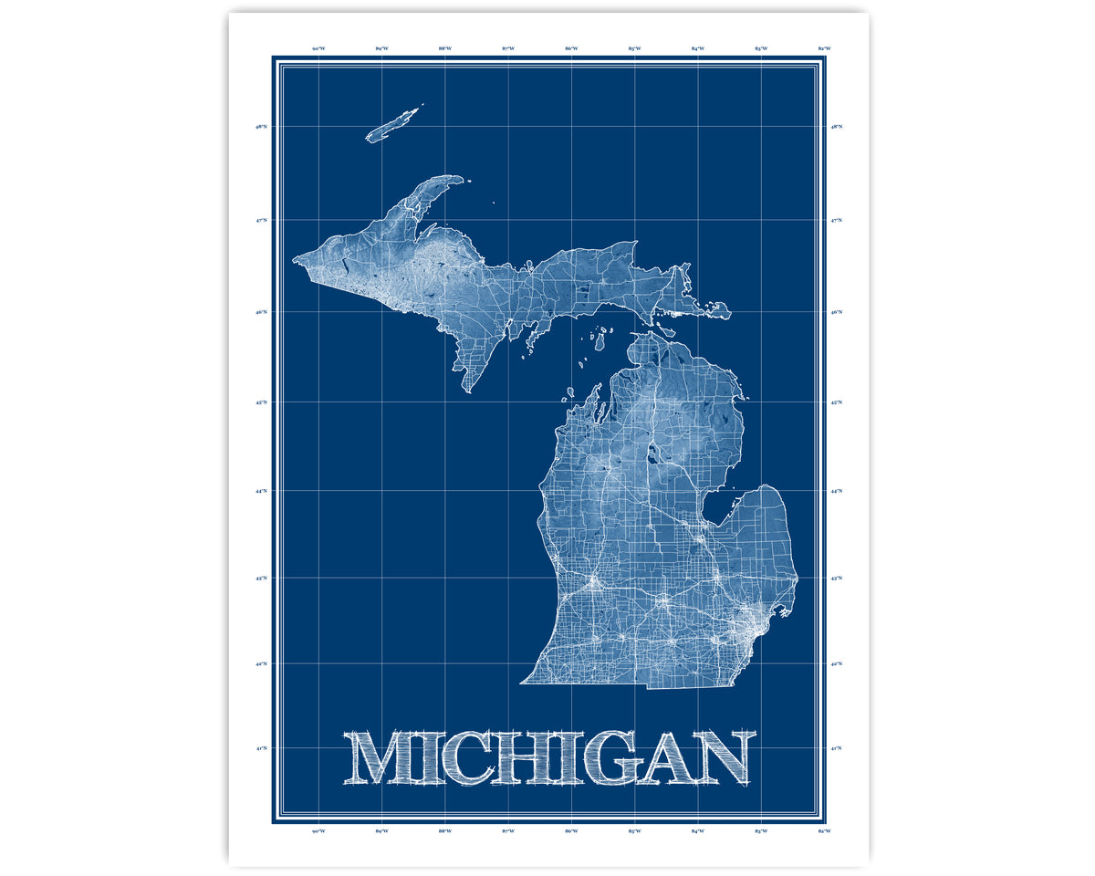 Michigan State Wall Art Map Print Poster with Blue Patent Blueprint De ...