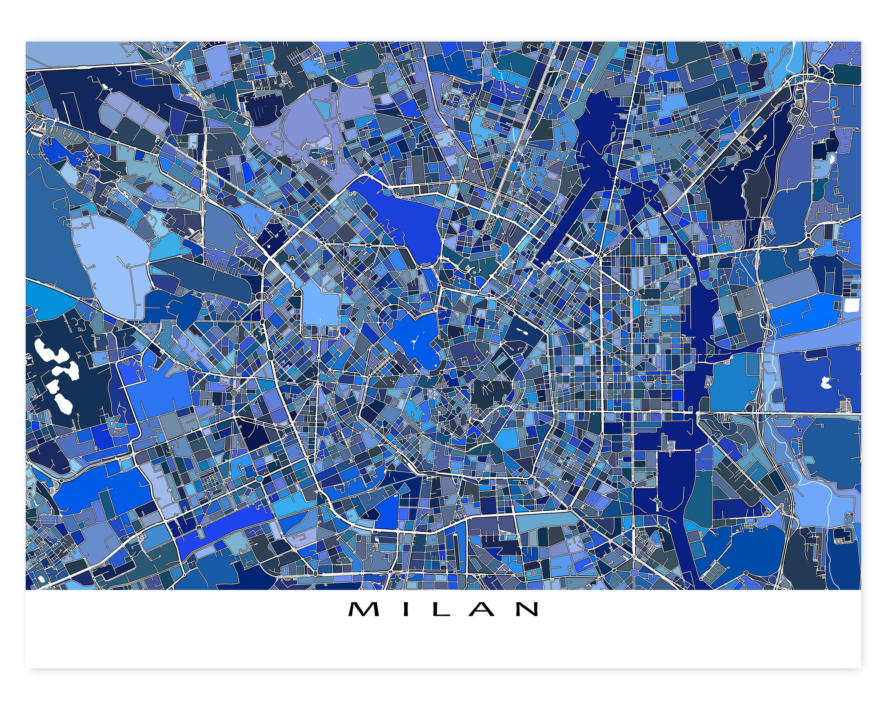Milan Italy City Street Map Wall Art Print Poster with Blue Geometric ...