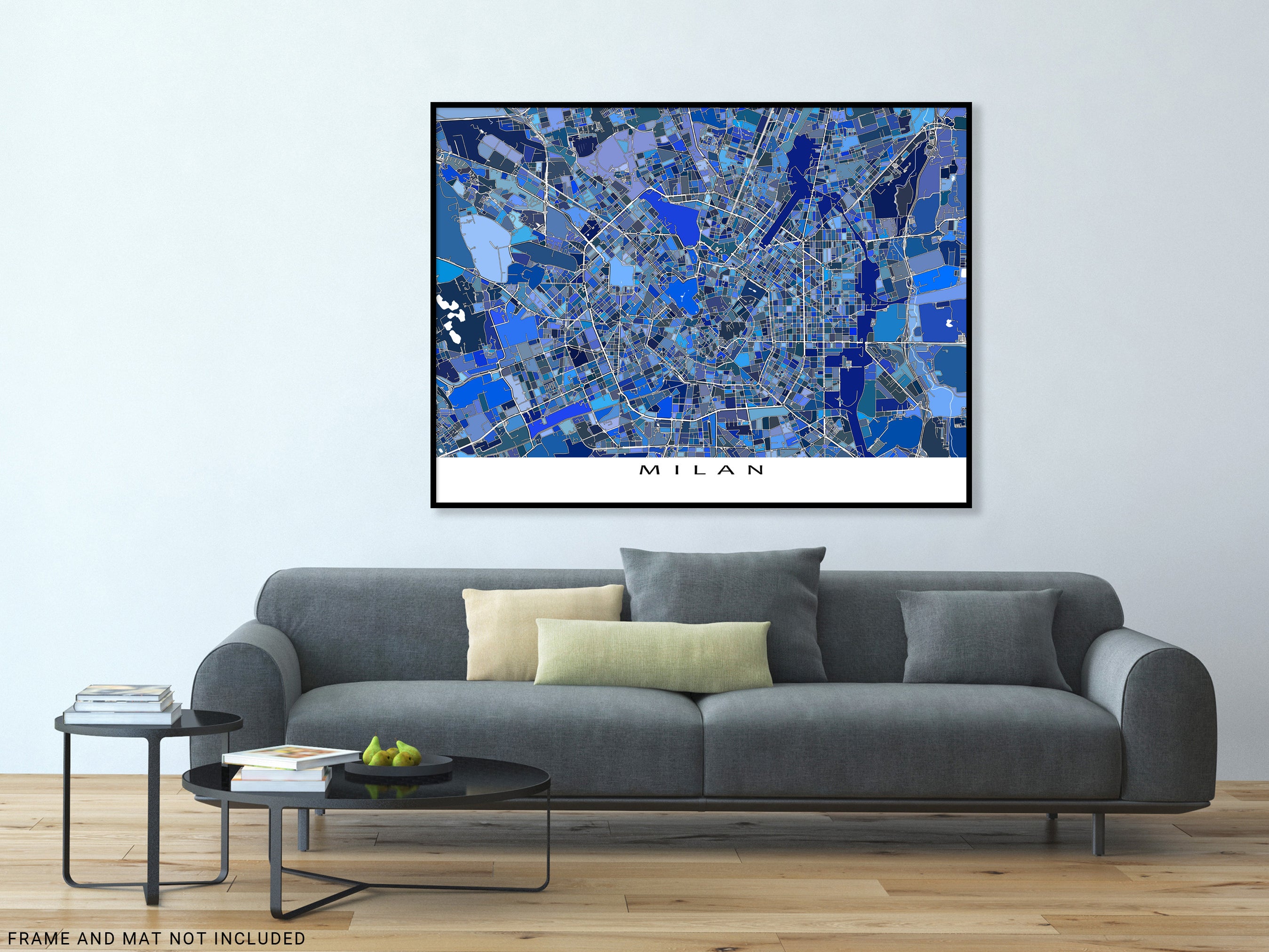 Milan Italy City Street Map Wall Art Print Poster with Blue Geometric ...