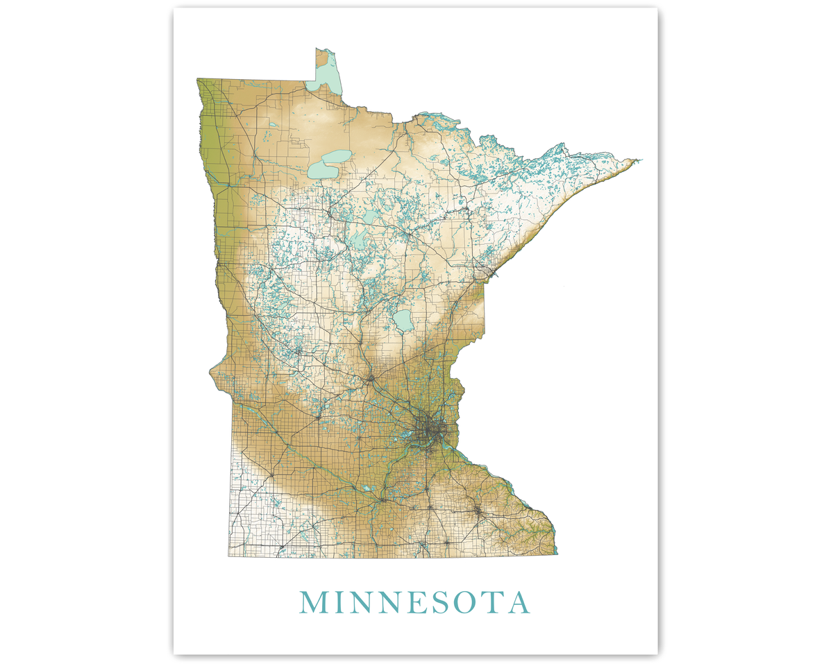 Minnesota State Map Print Poster, Topographic Landscape Wall Art Road ...