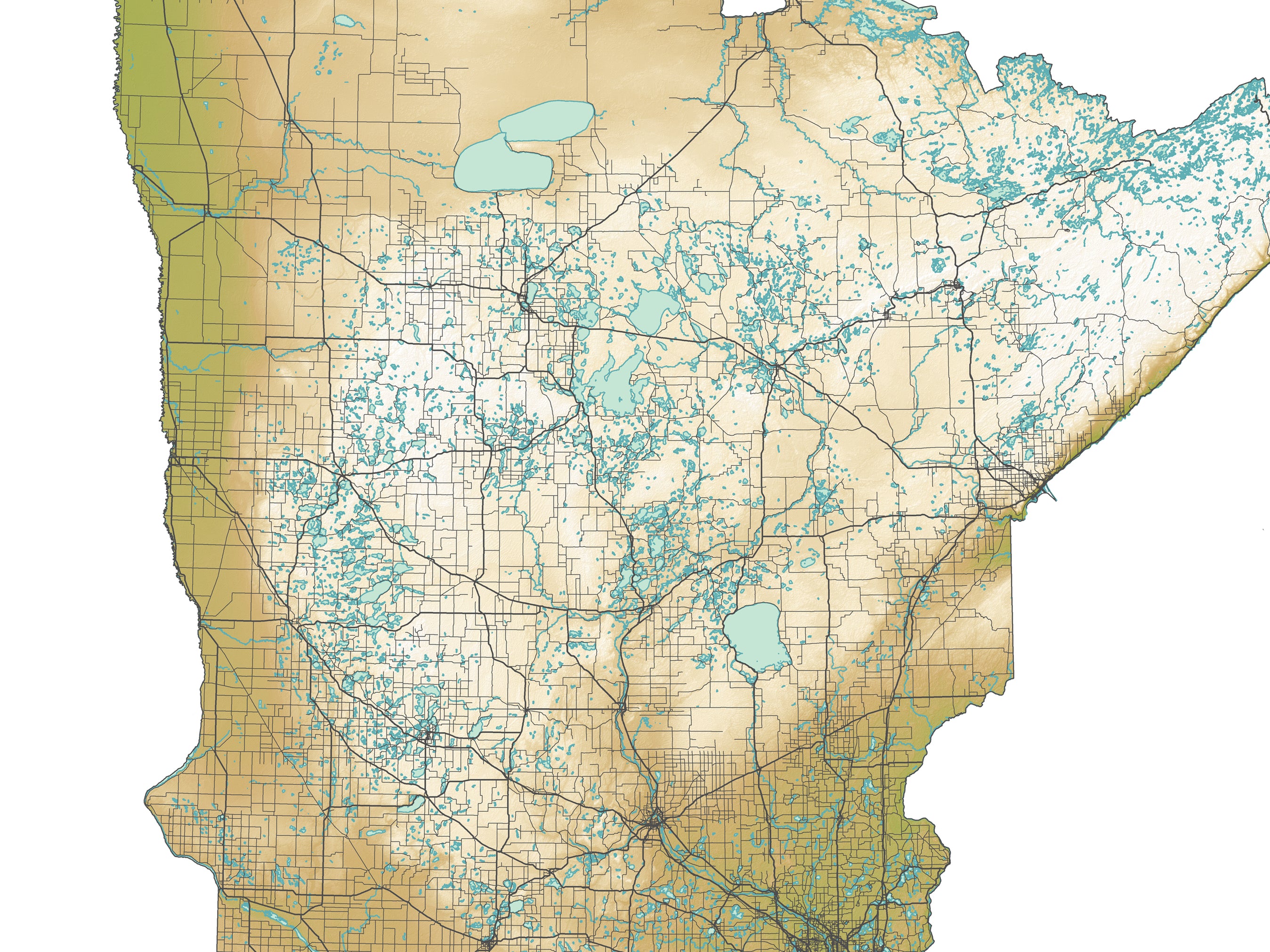 Minnesota State Map Print Poster, Topographic Landscape Wall Art Road ...