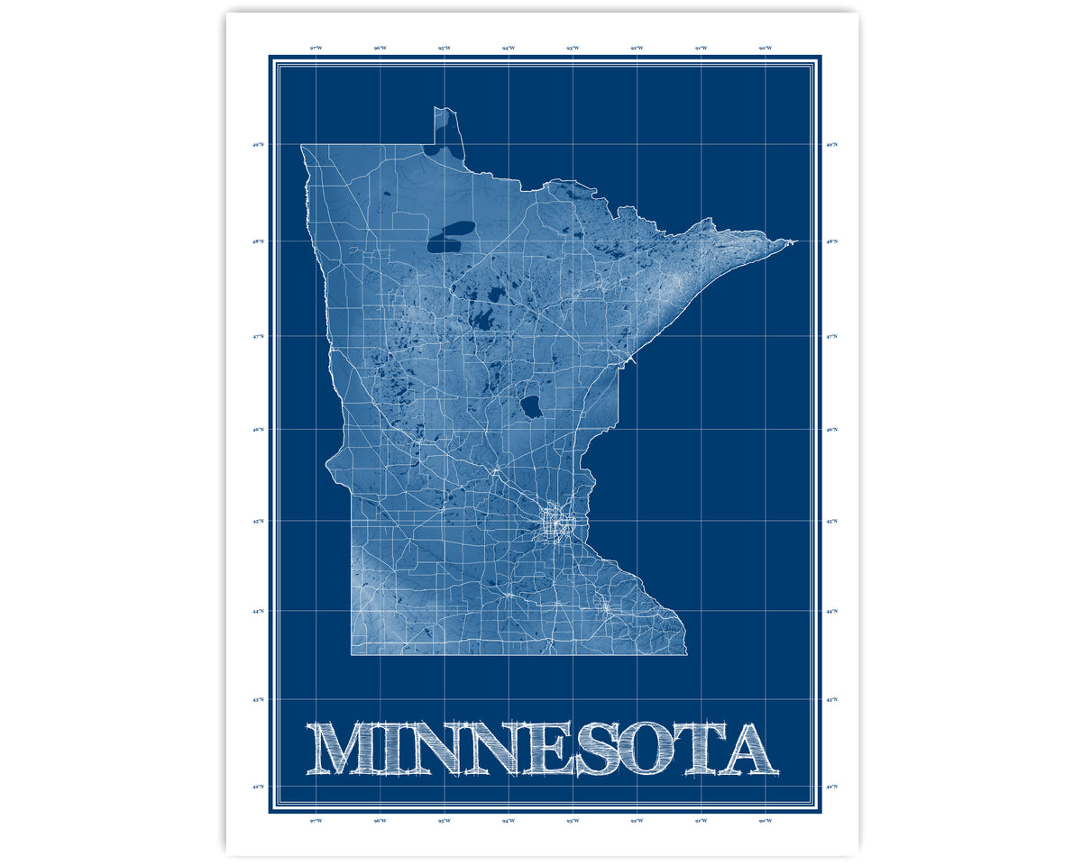 Minnesota State Topographic Map Wall Art Print Poster with Blue Patent ...