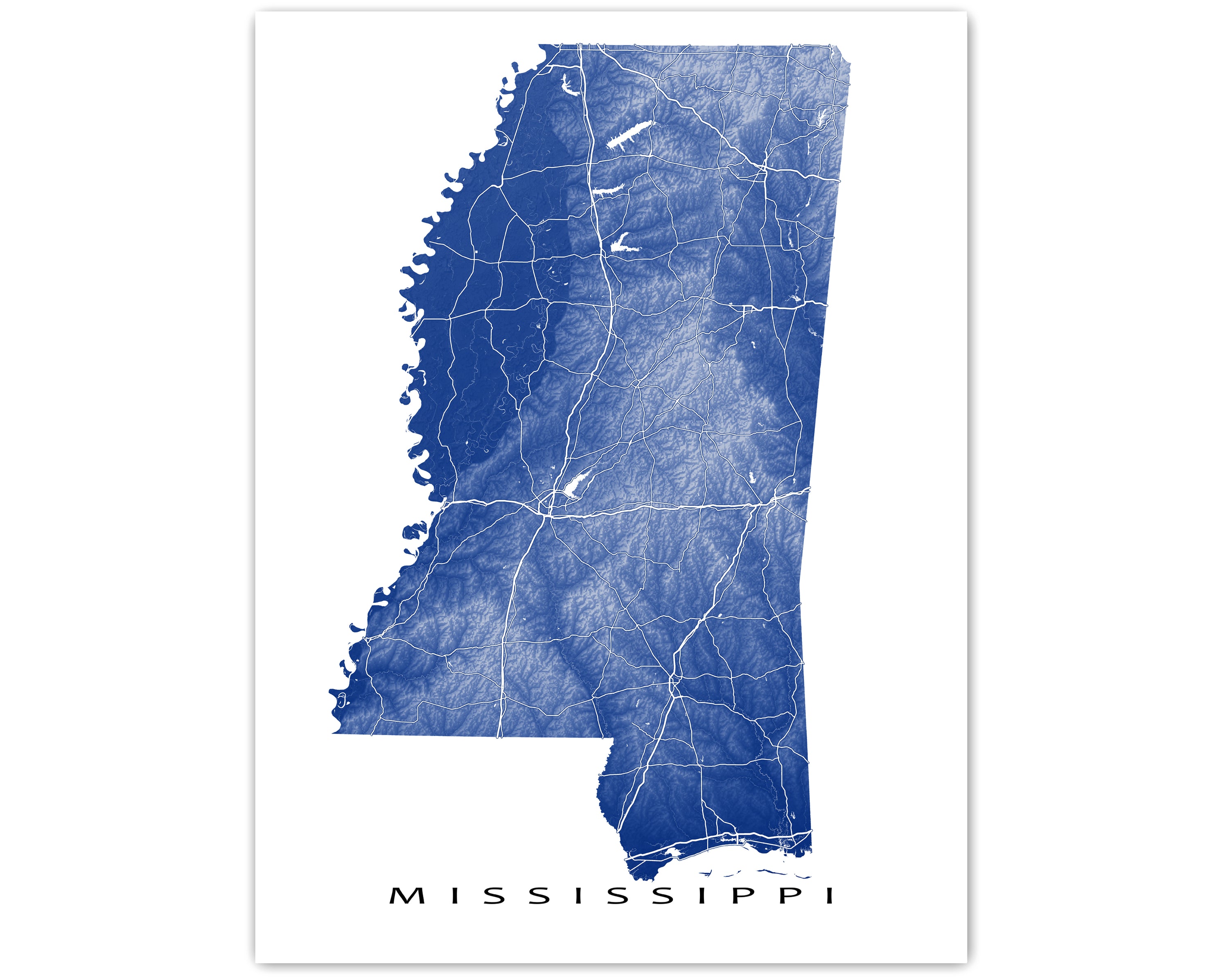 Mississippi State Map Print, Topographic MS Poster Maps with Roads ...