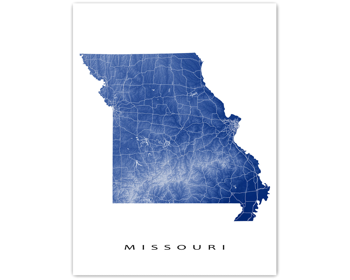 Missouri Map Wall Art Print Poster, Topographic MO State Road Maps, St ...