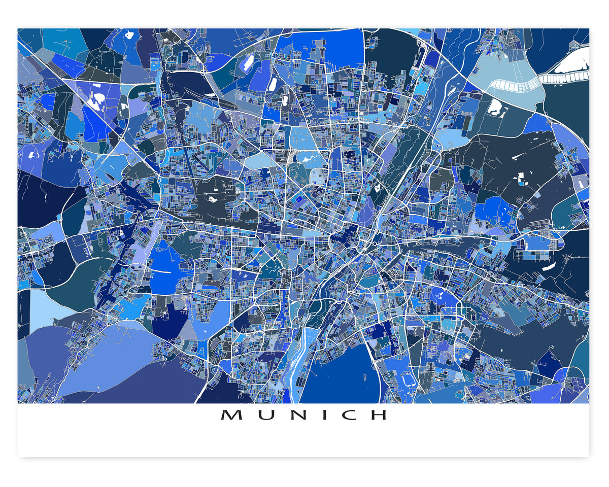 Munich Germany City Street Map Wall Art Print Poster with Blue Geometr ...