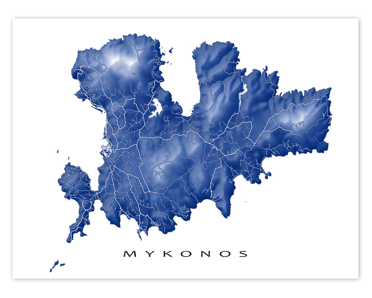 Mykonos Greece Island Map Wall Art Print Poster, Topographic Greek Isl ...
