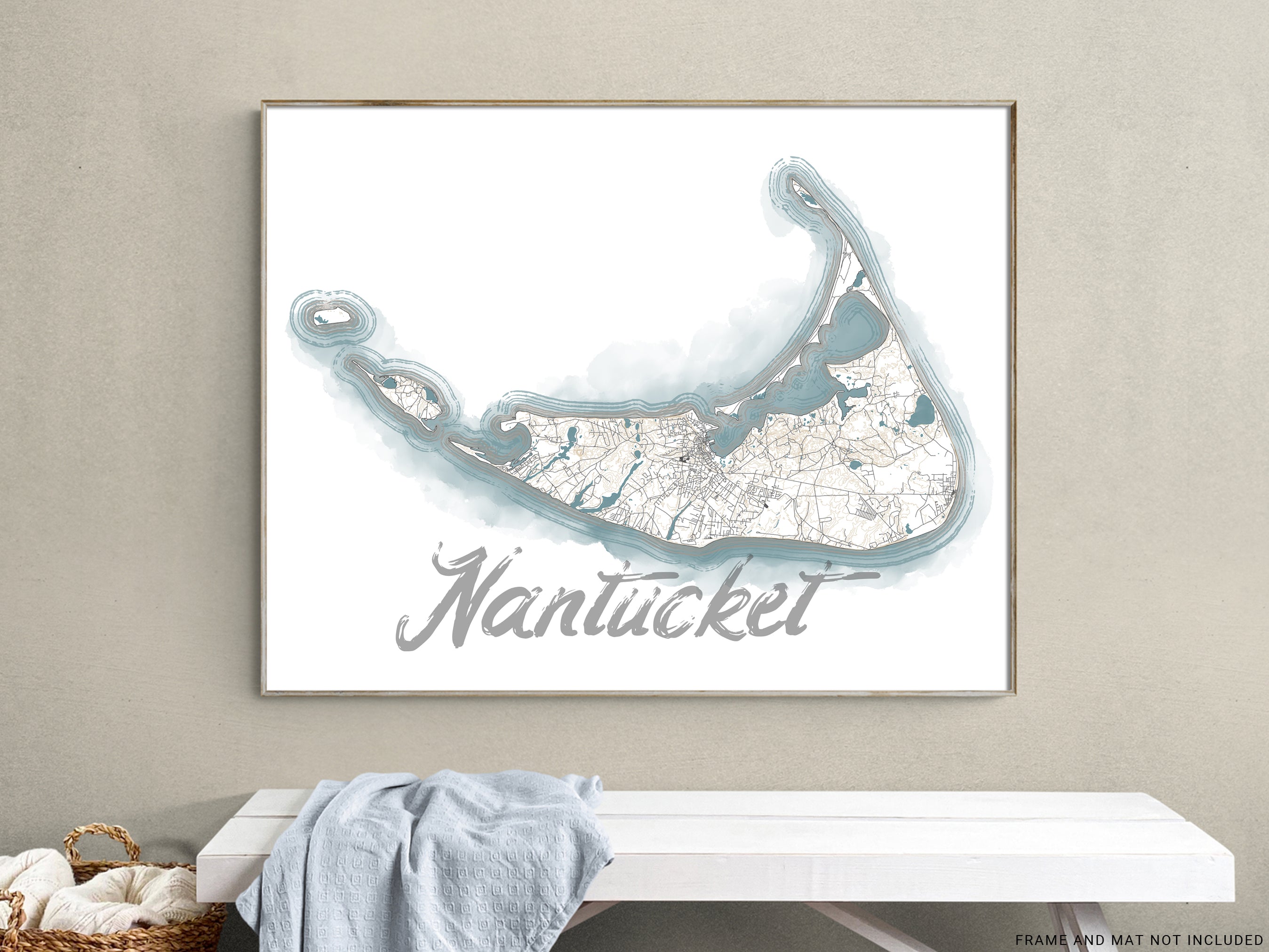 Nantucket Island Map Watercolor Style Coastal Decor Design Wall Art Pr ...
