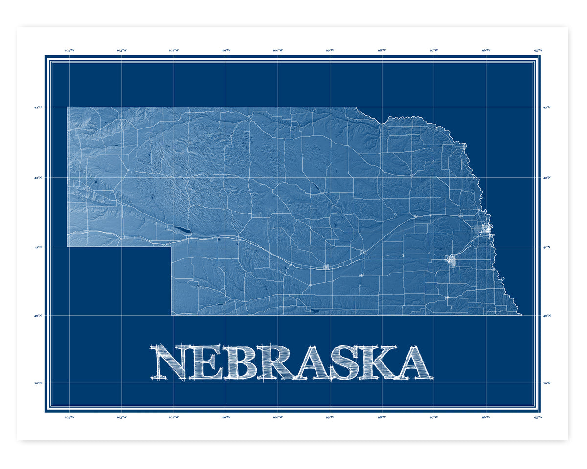 Nebraska State Map Wall Art Print Poster with Blue Patent Blueprint St ...