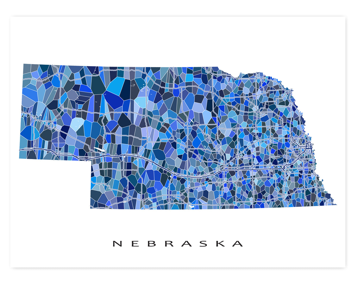 Nebraska State Map Wall Art Print Poster with Blue Geometric Design ...