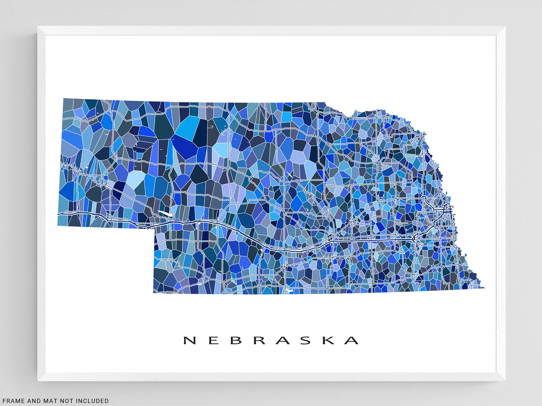 Nebraska State Map Wall Art Print Poster with Blue Geometric Design ...