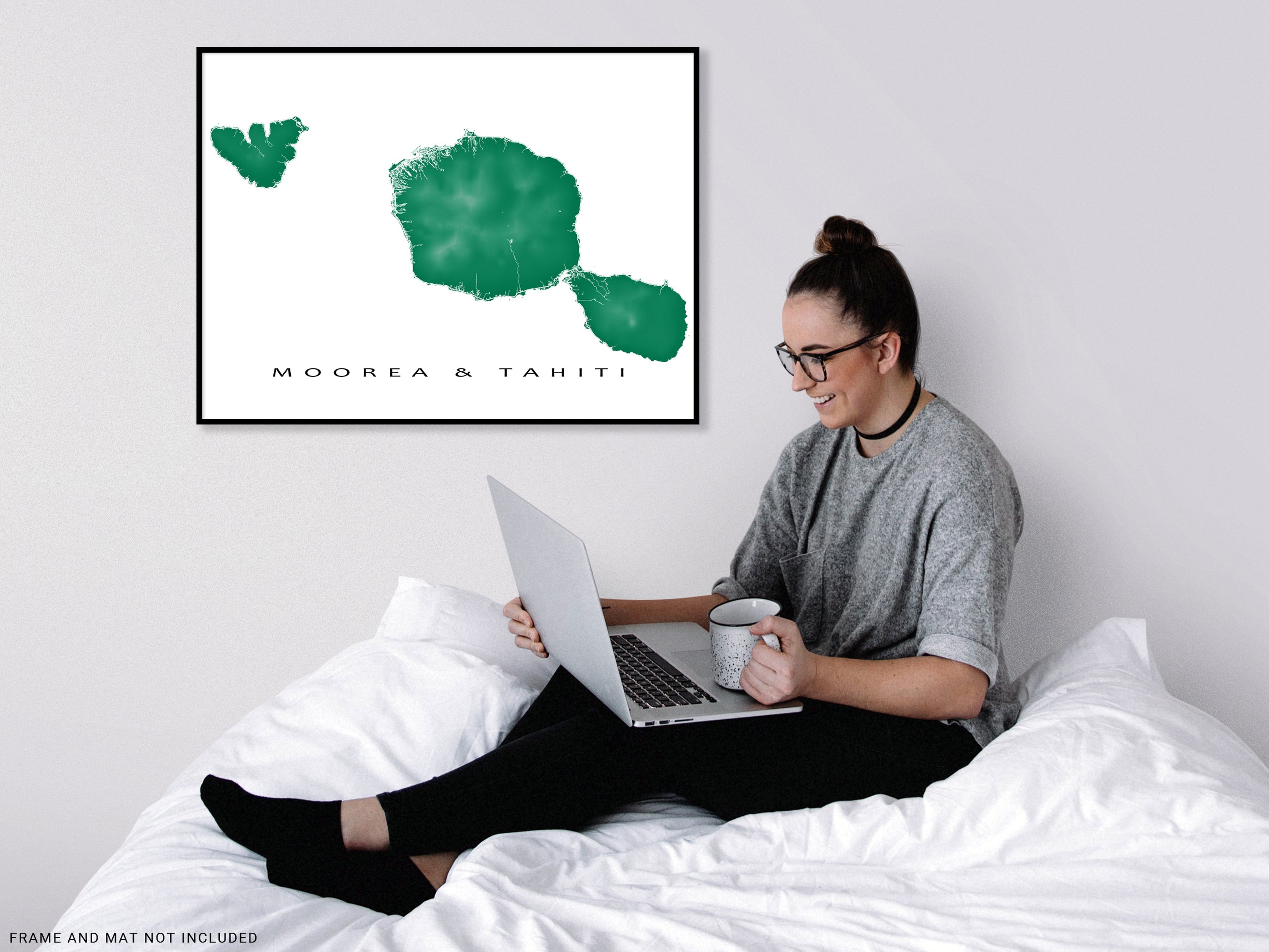 Tahiti and Moorea Island Map Wall Art Print Poster, South Pacific Fren ...