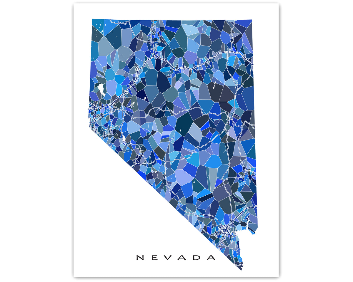 Nevada Map Wall Art Print Poster, Blue Geometric NV State Road Maps US ...