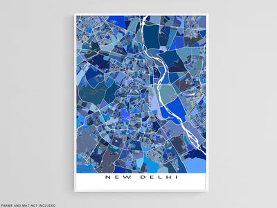 New Delhi India City Map Wall Art Print Poster with Blue Geometric Des ...