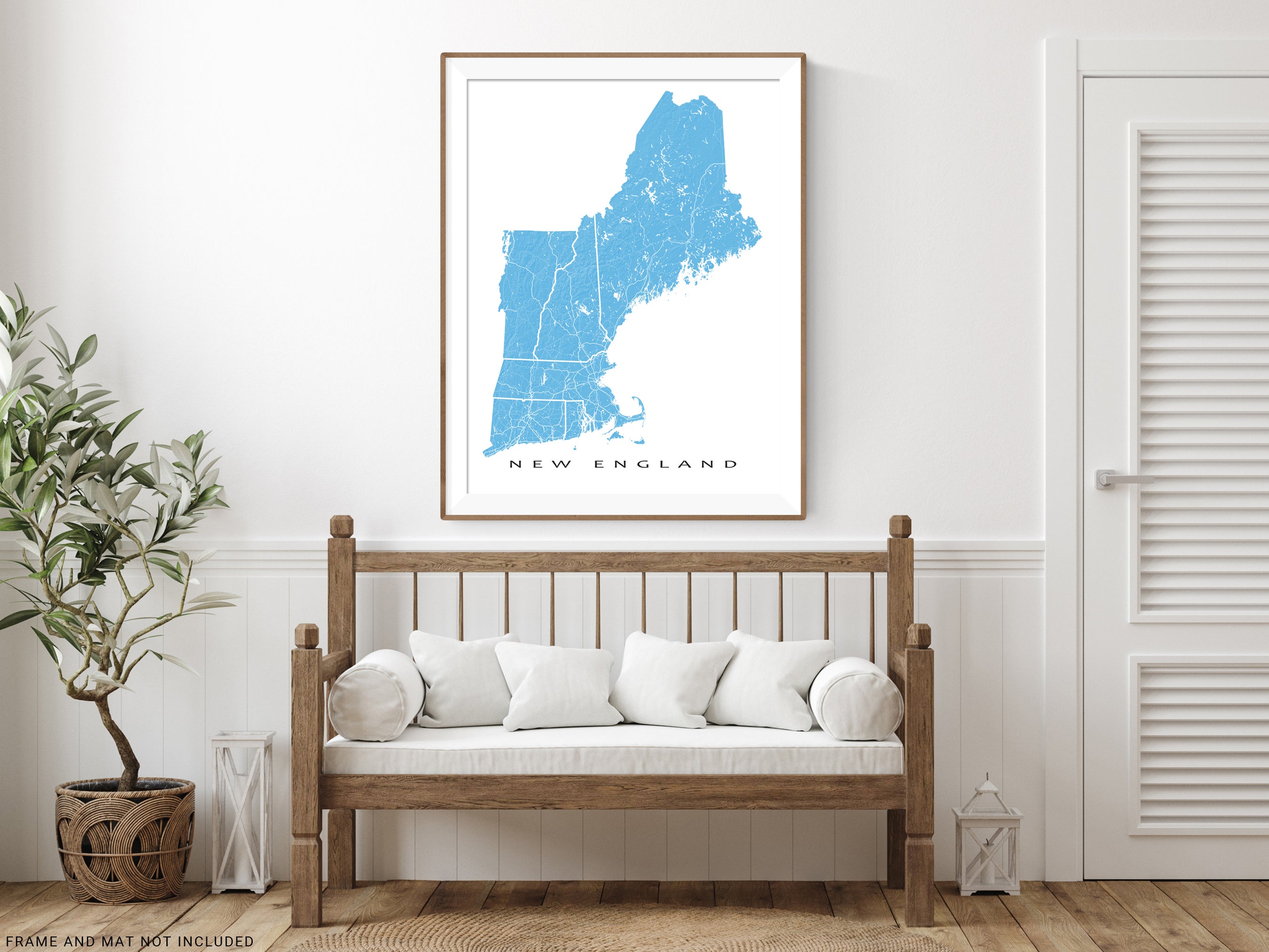 New England Map Wall Art Print Poster, Connecticut Maine Massachusetts ...