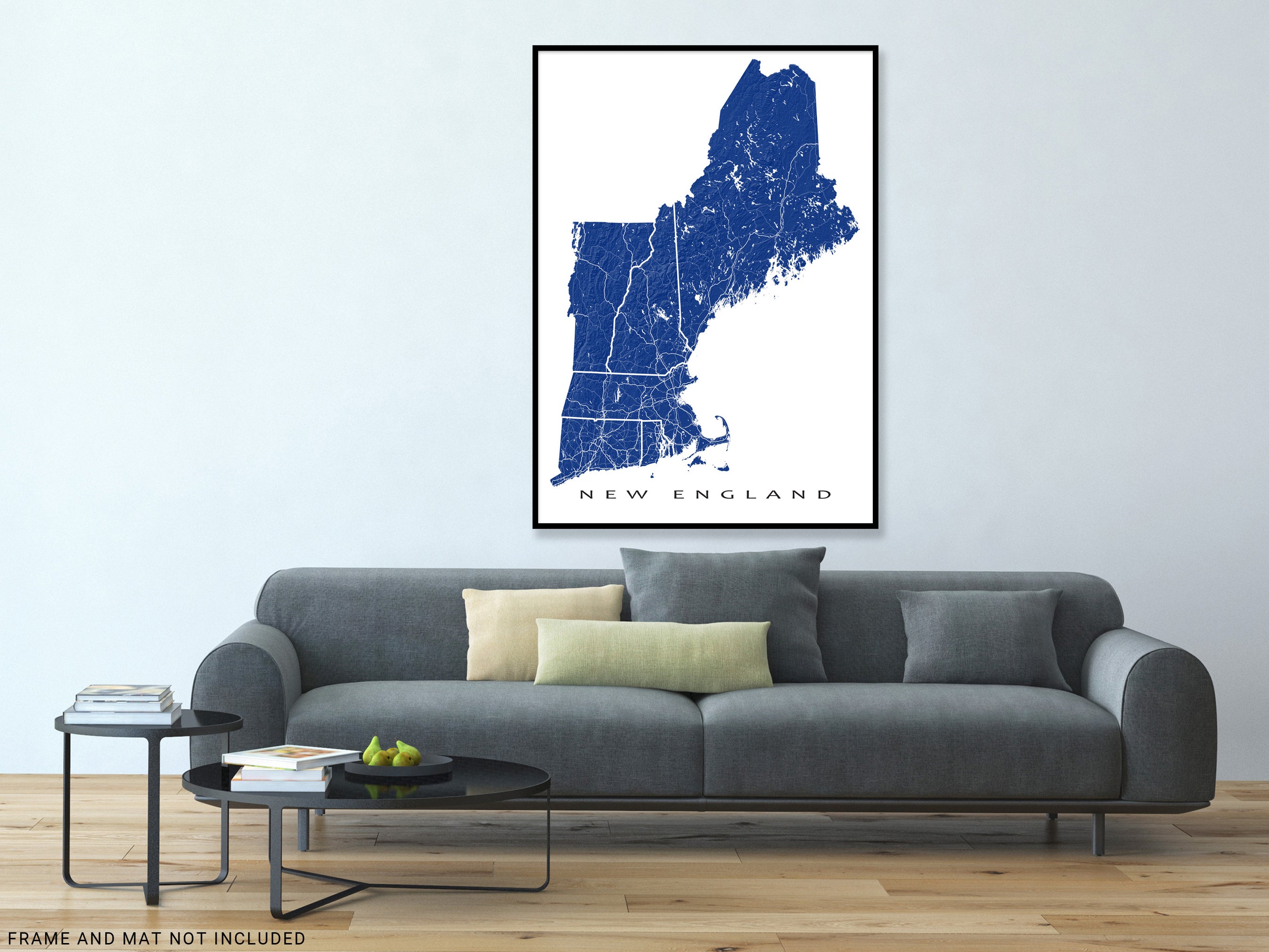 New England Map Wall Art Print Poster, Connecticut Maine Massachusetts ...