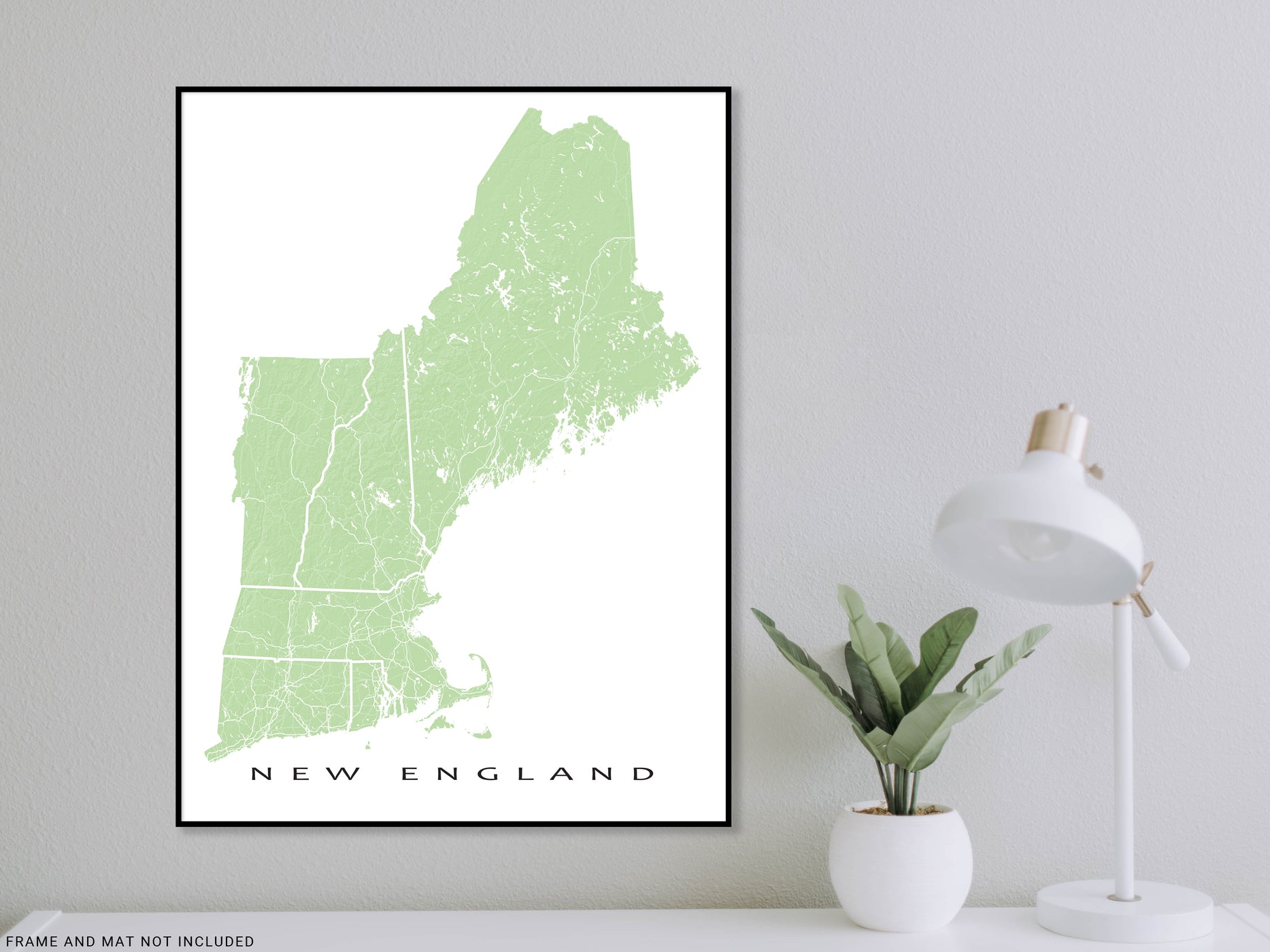 New England Map Wall Art Print Poster, Connecticut Maine Massachusetts ...