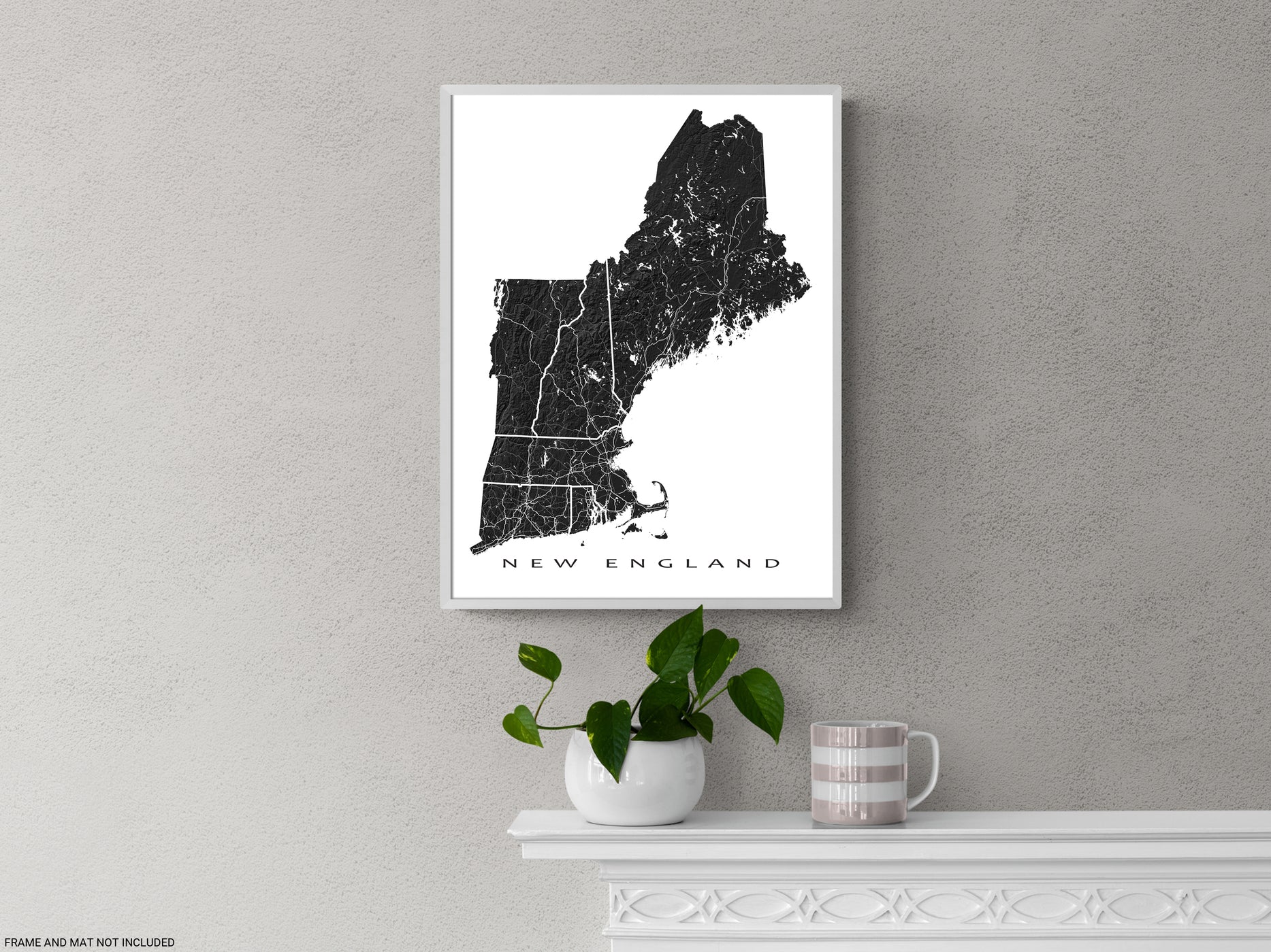 New England Map Wall Art Print Poster, Connecticut Maine Massachusetts ...
