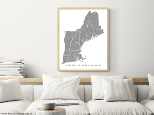New England Map Wall Art Print Poster, Connecticut Maine Massachusetts ...