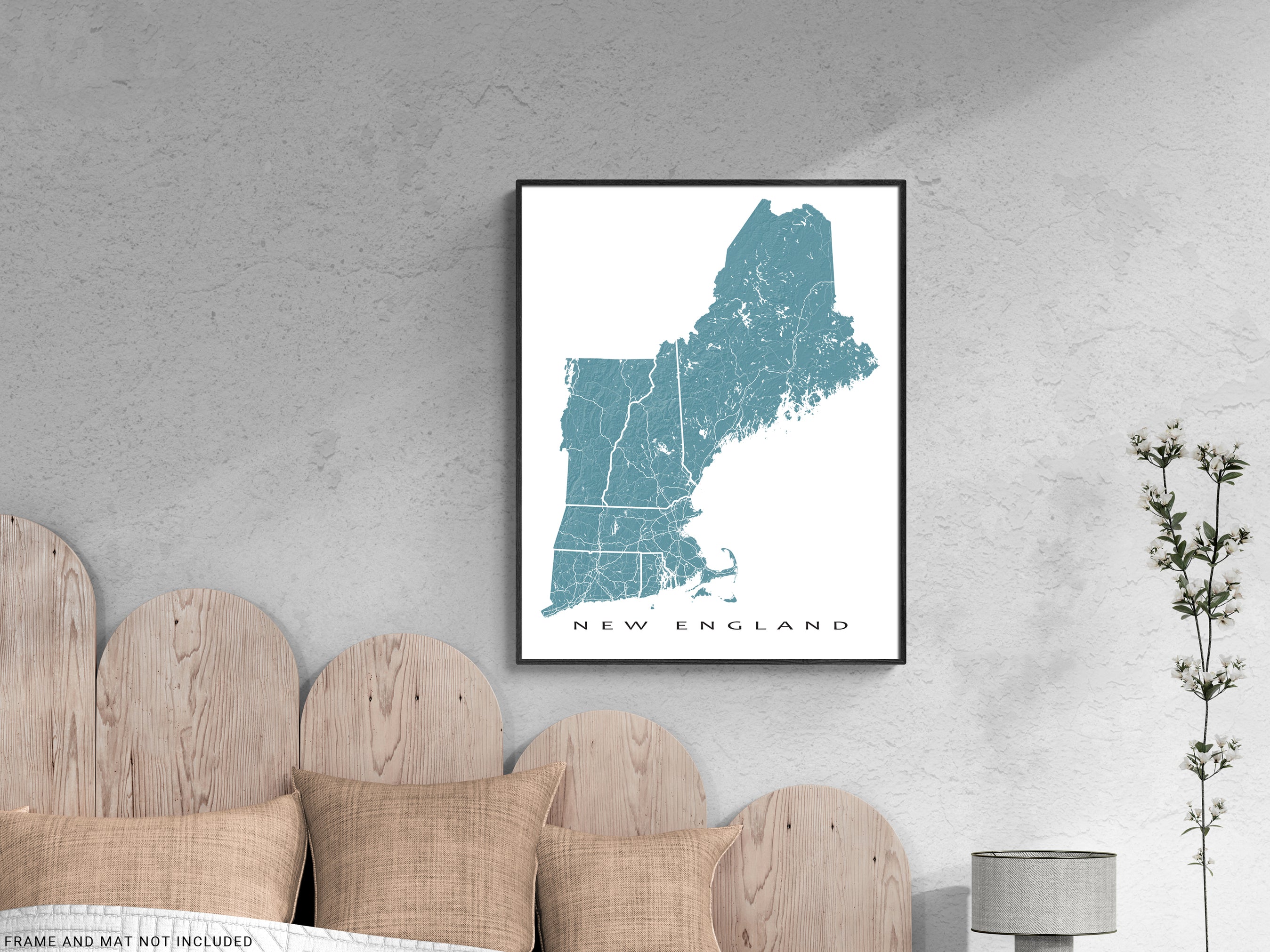 New England Map Wall Art Print Poster, Connecticut Maine Massachusetts ...