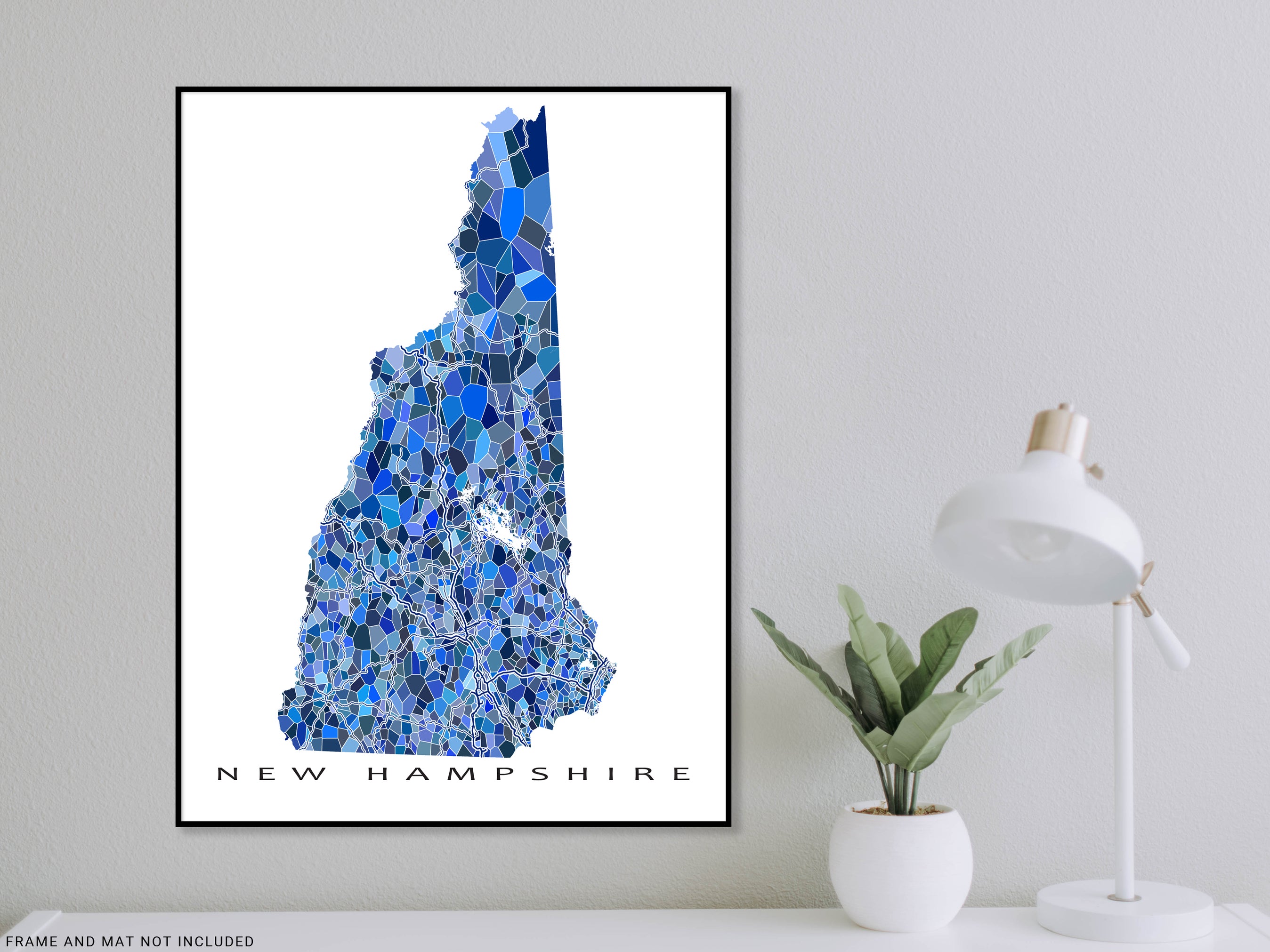 New Hampshire Map Print Poster, Blue Geometric NH State Wall Art Road ...