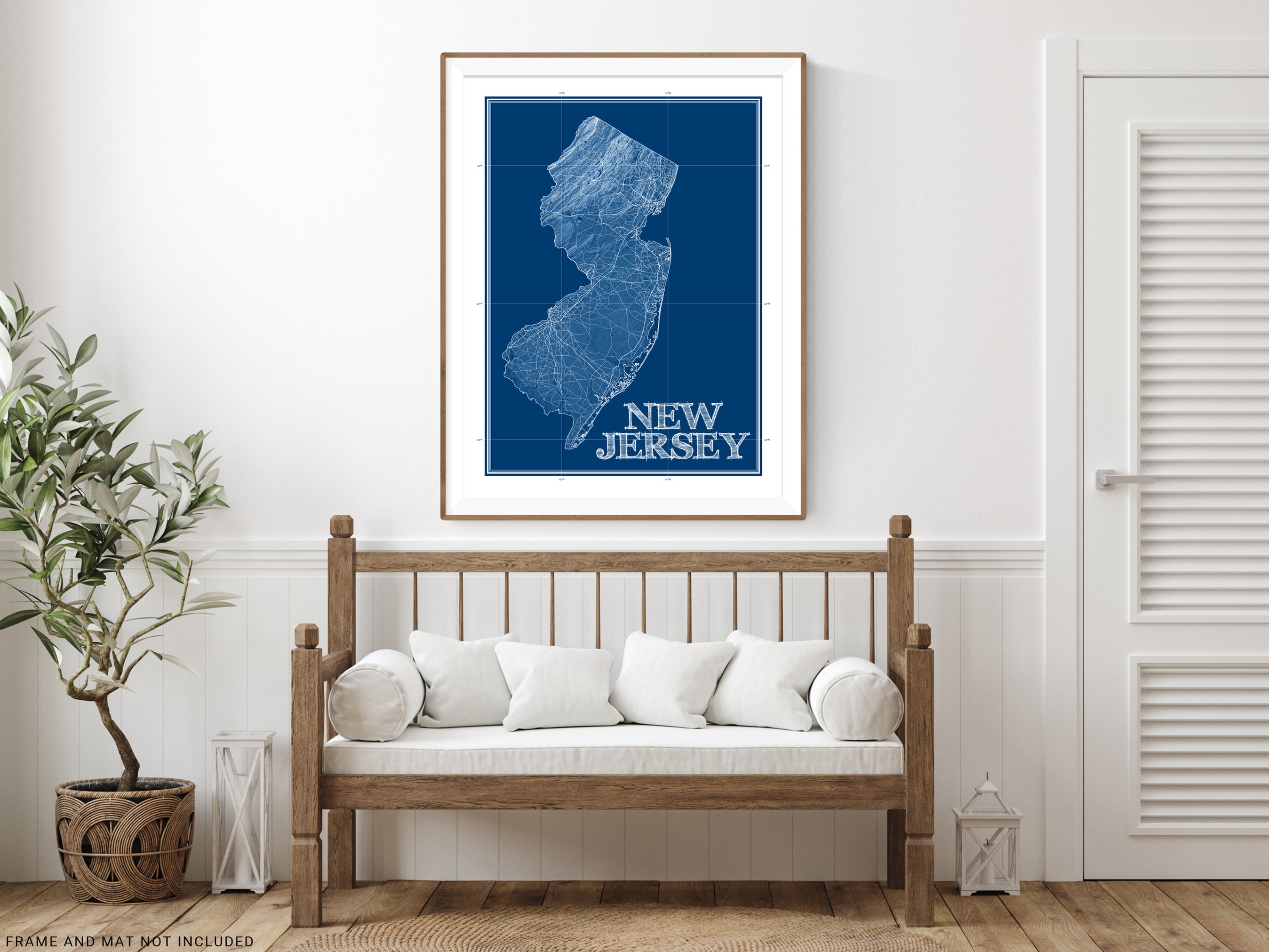 New Jersey State Map Wall Art Print Poster with Blue Patent Blueprint ...