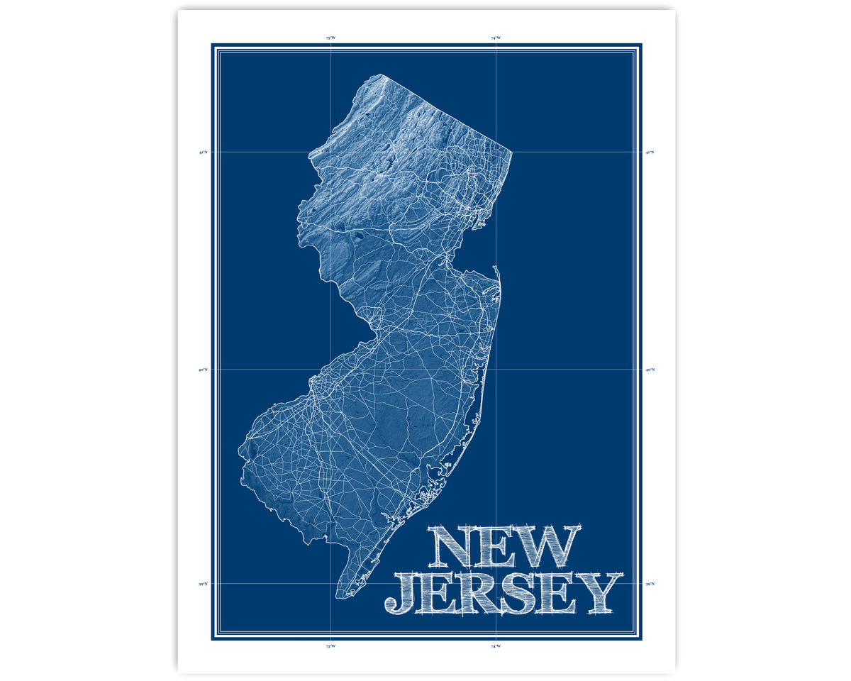 New Jersey State Map Wall Art Print Poster with Blue Patent Blueprint ...