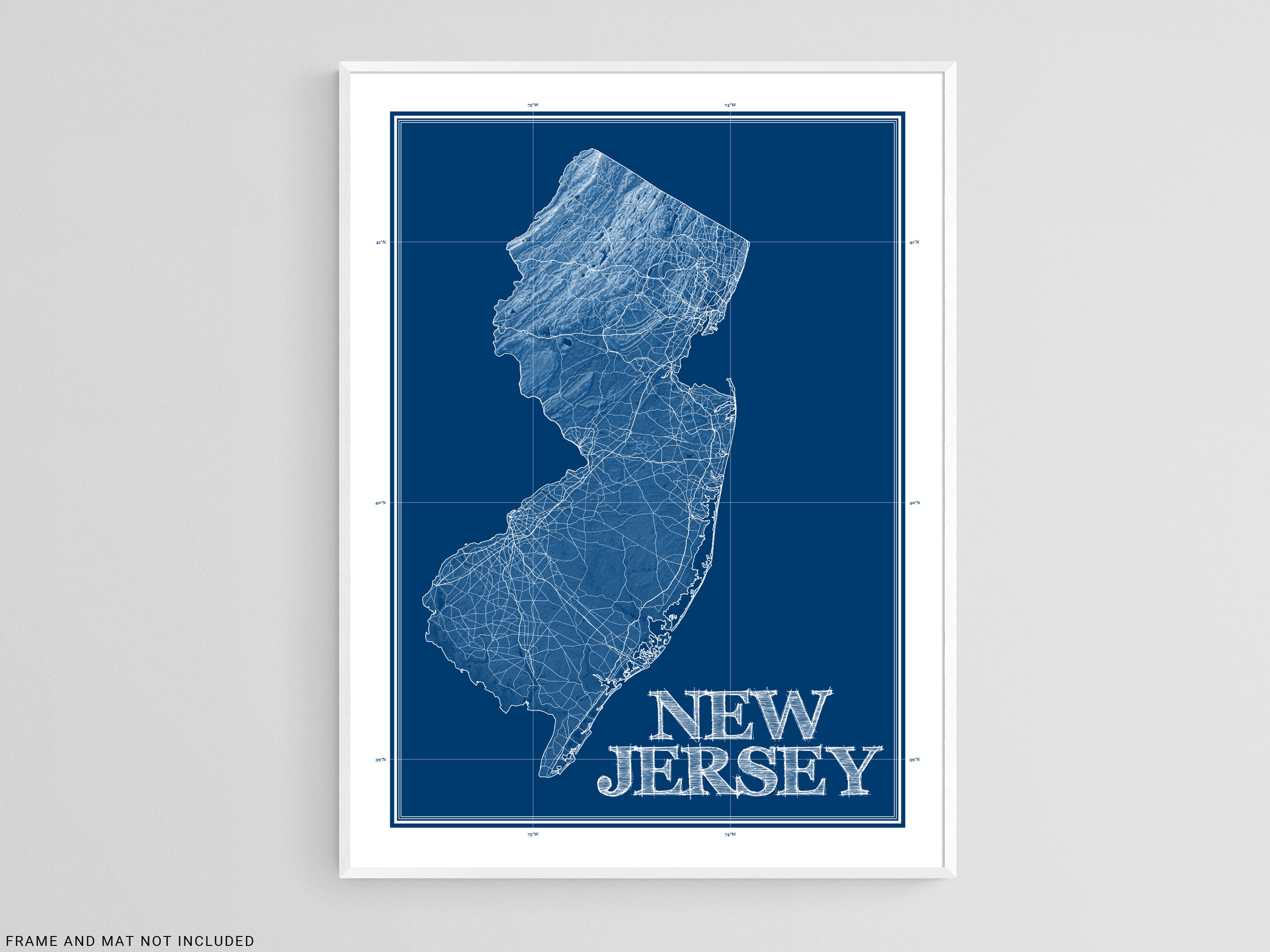 New Jersey State Map Wall Art Print Poster with Blue Patent Blueprint ...