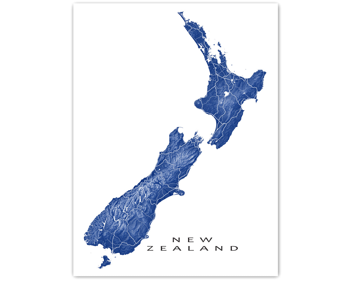 New Zealand Map Wall Art Print Poster, Topographic NZ Country Road Map ...