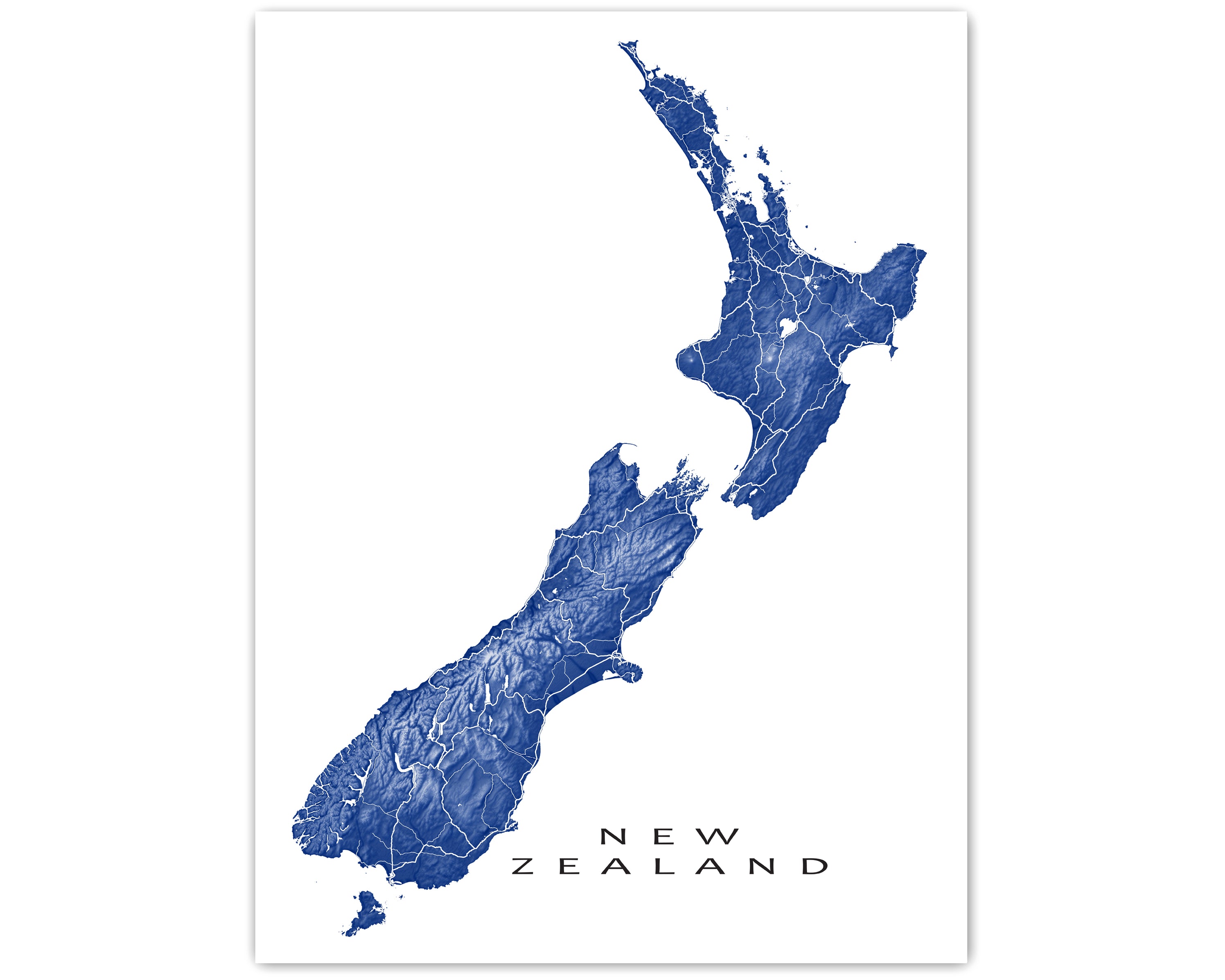 New Zealand Map Wall Art Print Poster, Topographic NZ Country Road Map ...