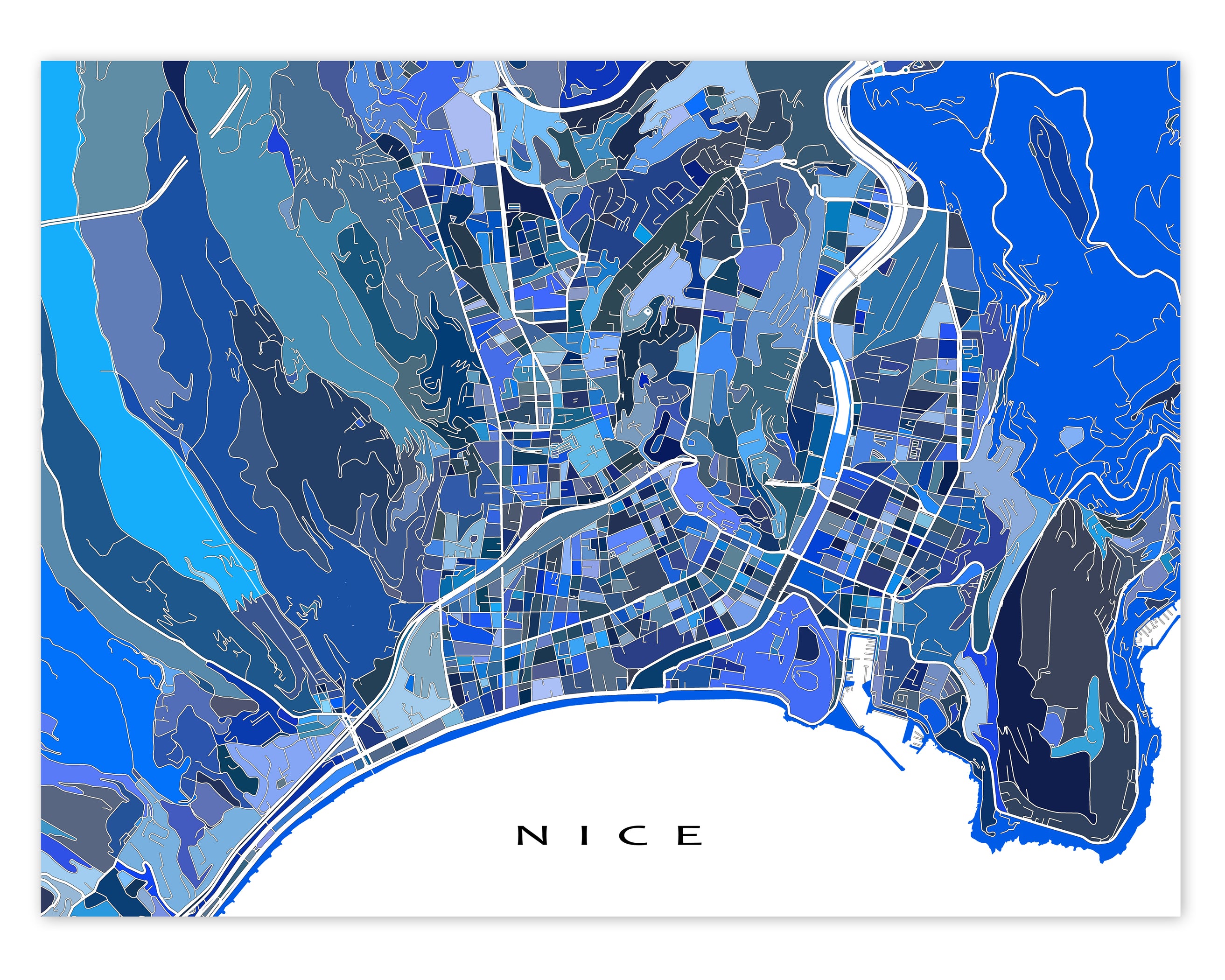 Nice France Map Wall Art Print Poster, Blue Geometric French Europe Ci ...