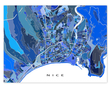 Nice France Map Wall Art Print Poster, Blue Geometric French Europe Ci ...