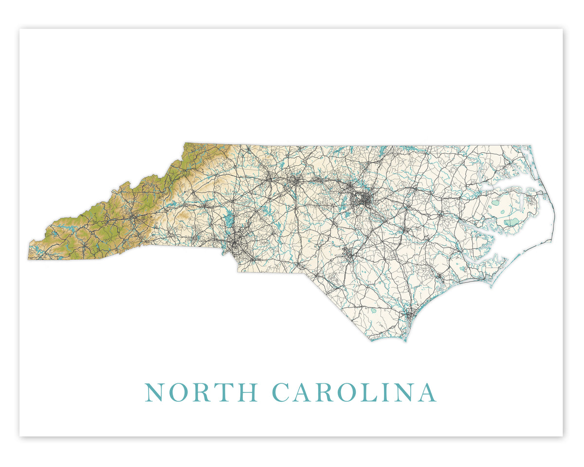 North Carolina State Map Print Poster, Topographic Landscape Wall Art ...