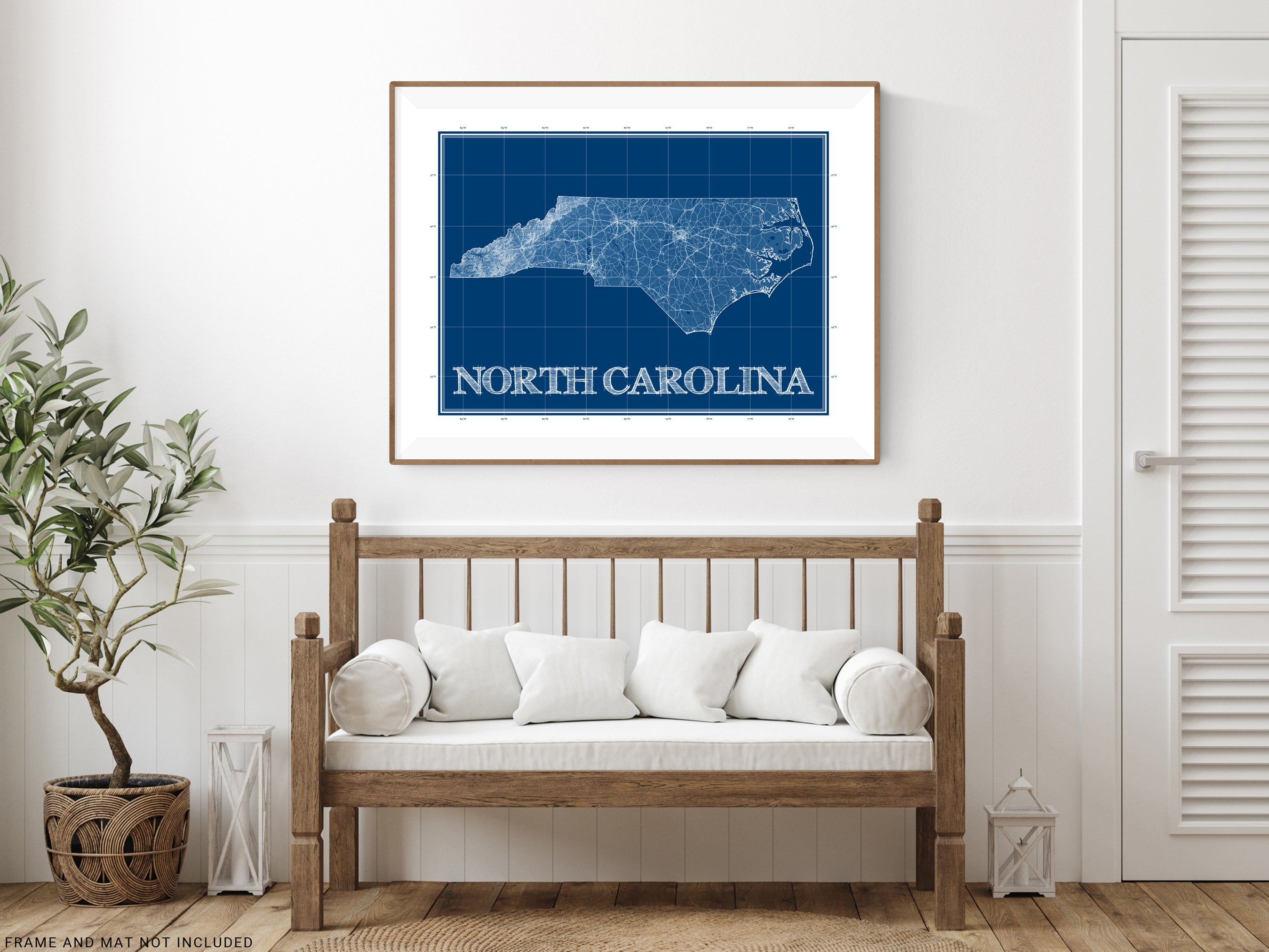 North Carolina State Map Print Poster, Blueprint Navy Blue Topographic ...