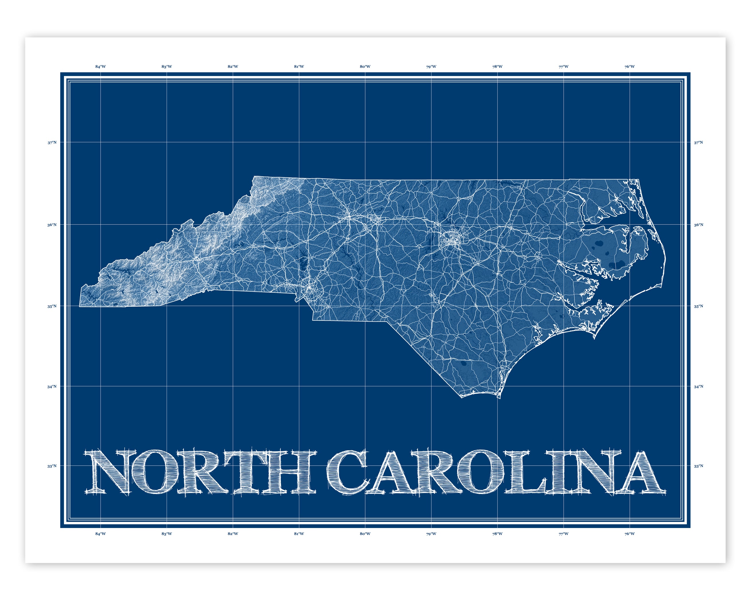 North Carolina State Map Print Poster, Blueprint Navy Blue Topographic ...