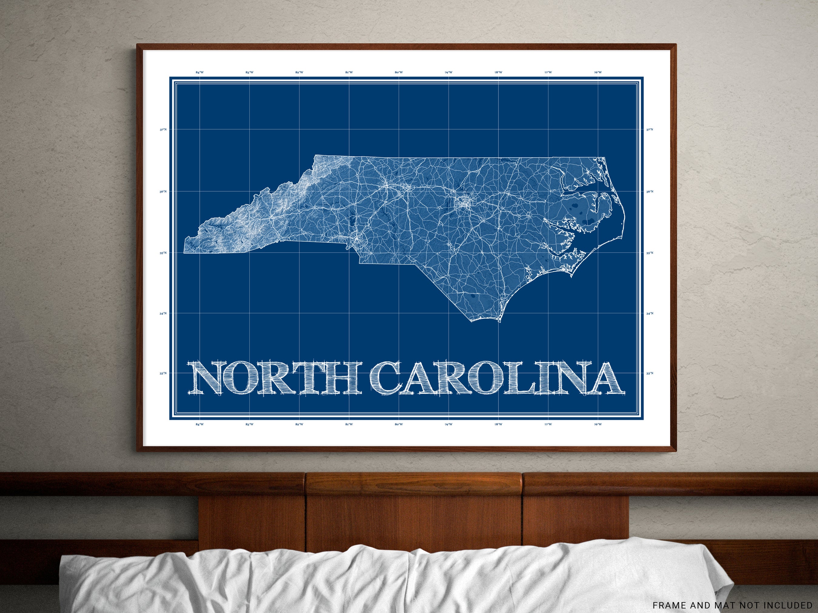 North Carolina State Map Print Poster, Blueprint Navy Blue Topographic ...
