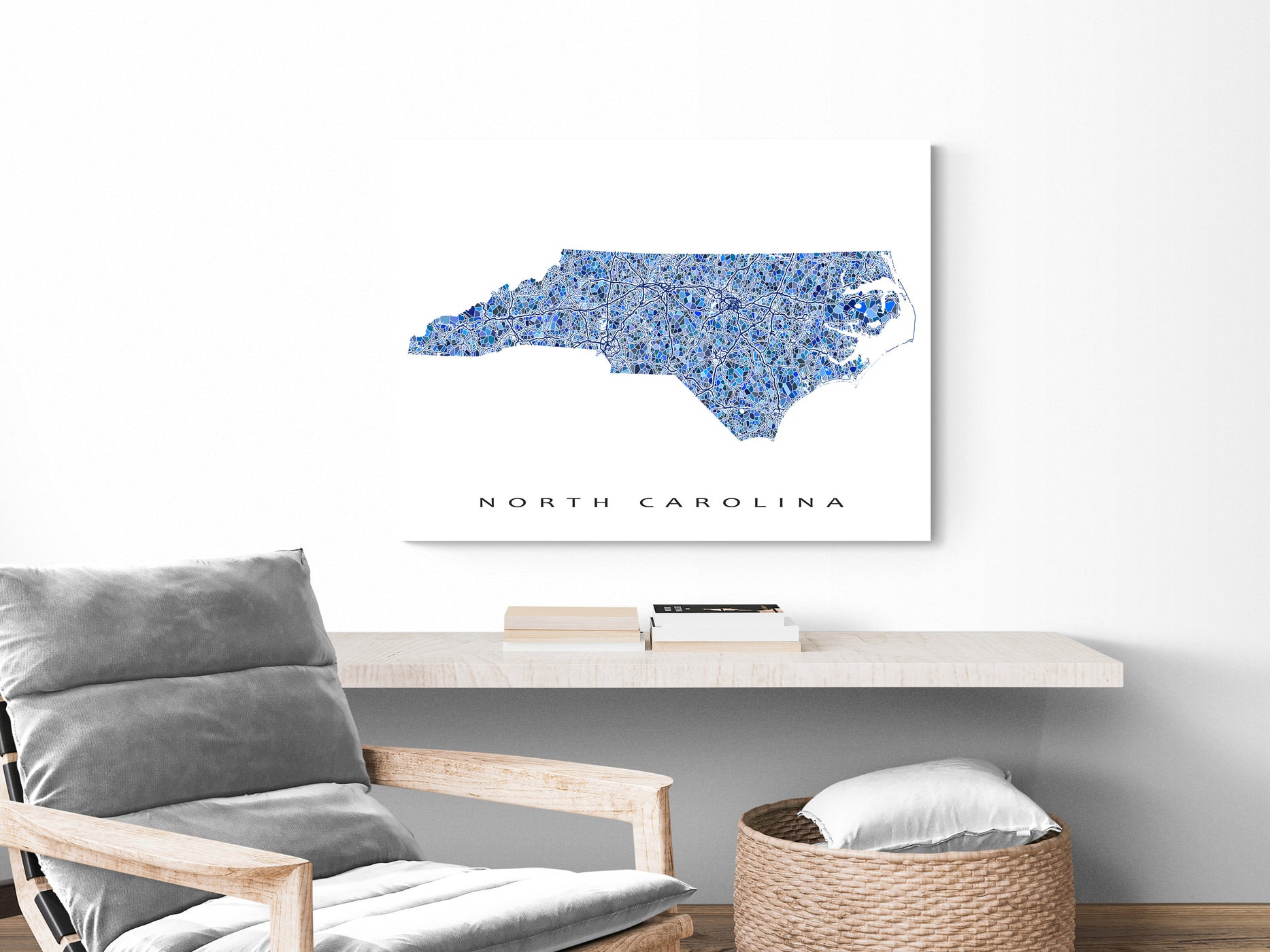 North Carolina Map USA, Blue Geometric NC State Wall Art Print Road Ma ...