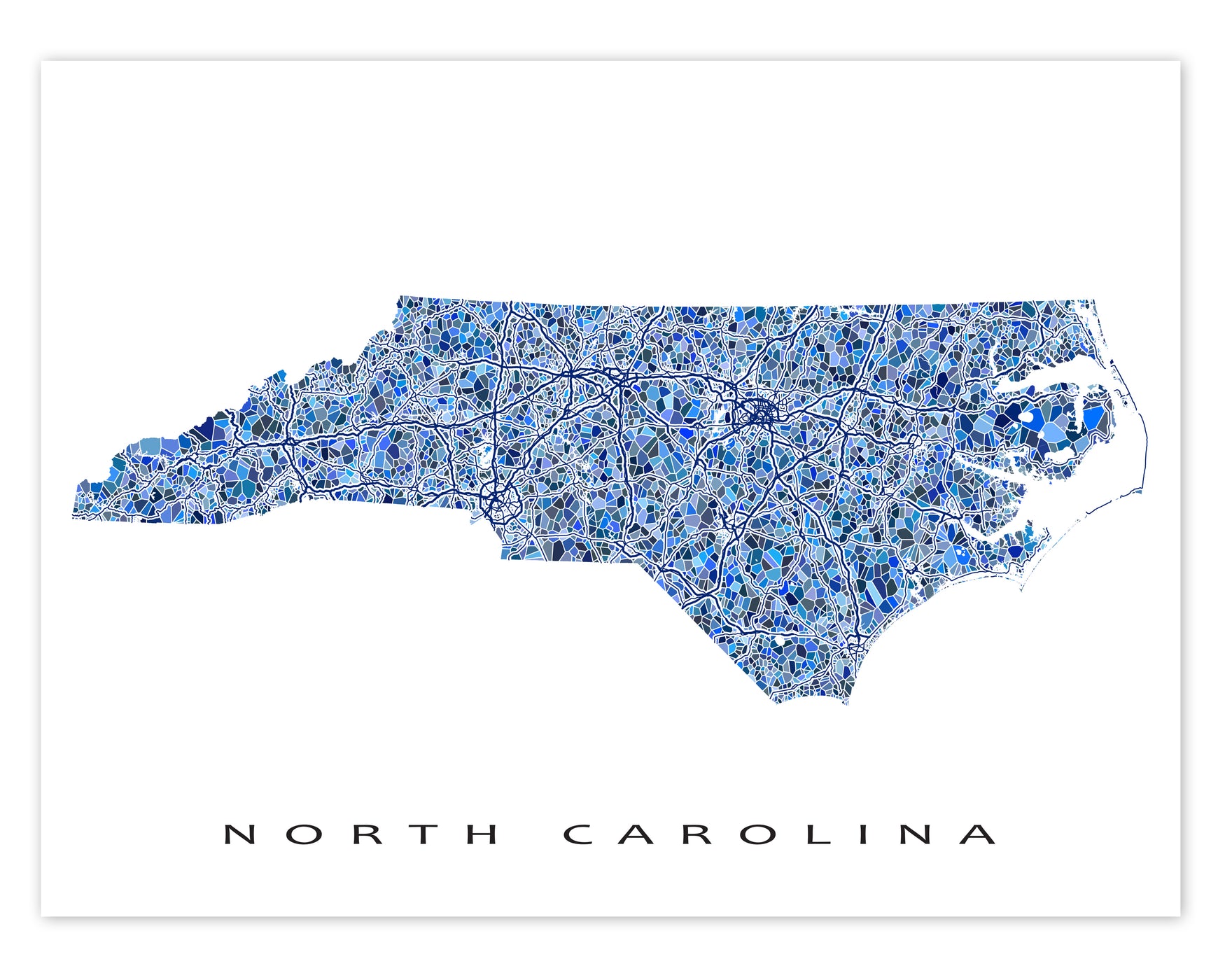 North Carolina Map USA, Blue Geometric NC State Wall Art Print Road Ma ...